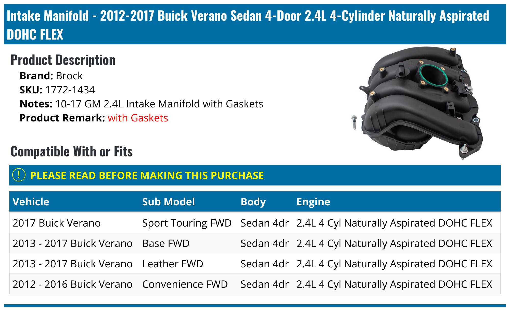 2012-2017 Buick Verano Intake Manifold - Brock 1772-1434 - PartsGeek.com