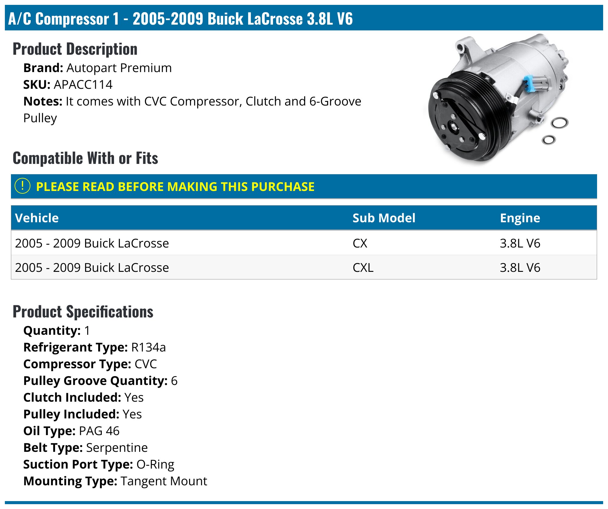 2005-2009 Buick LaCrosse A/C Compressor - Autopart Premium APACC114 - PartsGeek.com