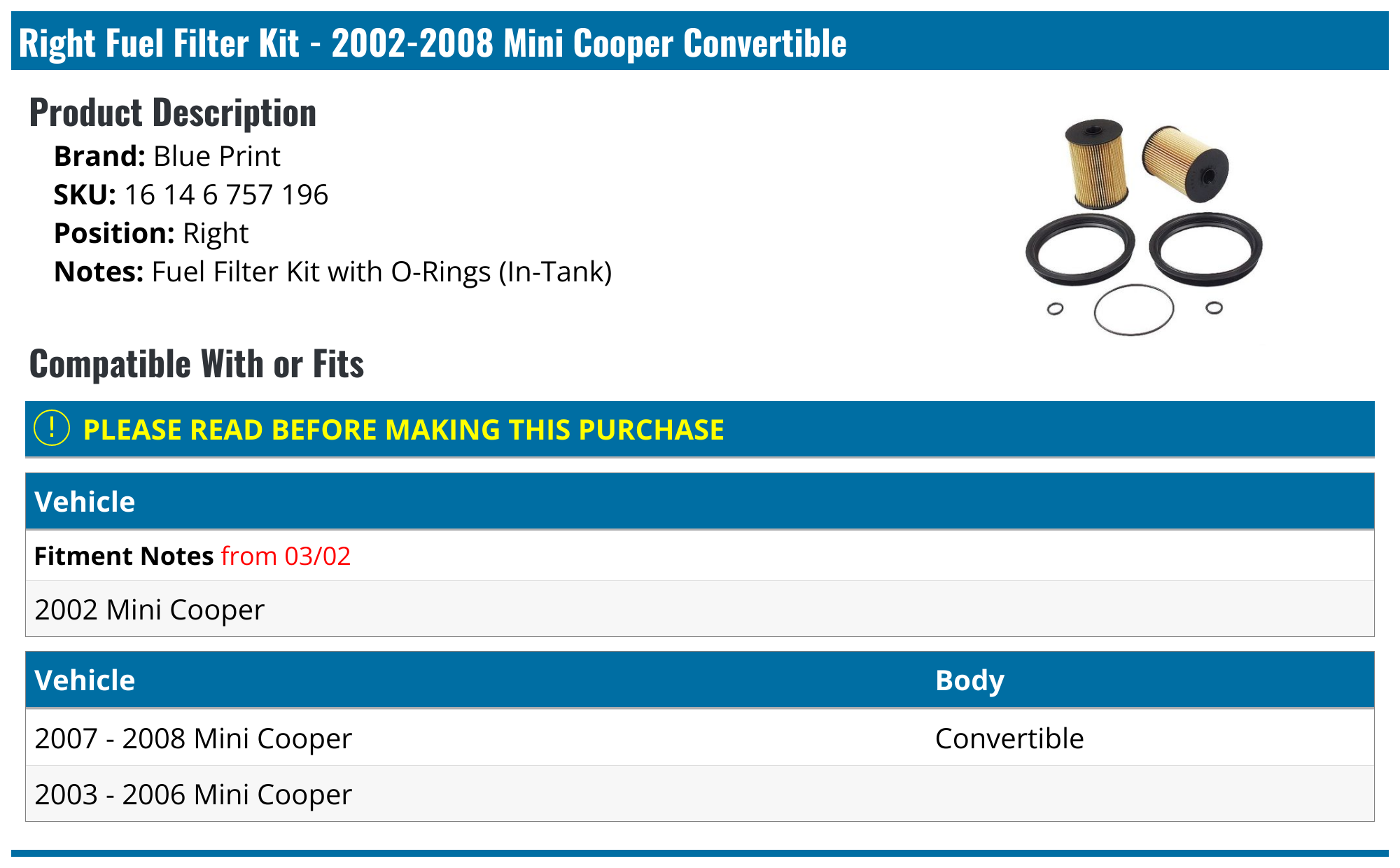 2002-2008 Mini Cooper Fuel Filter - Blue Print 16 14 6 757 196 - Right ...