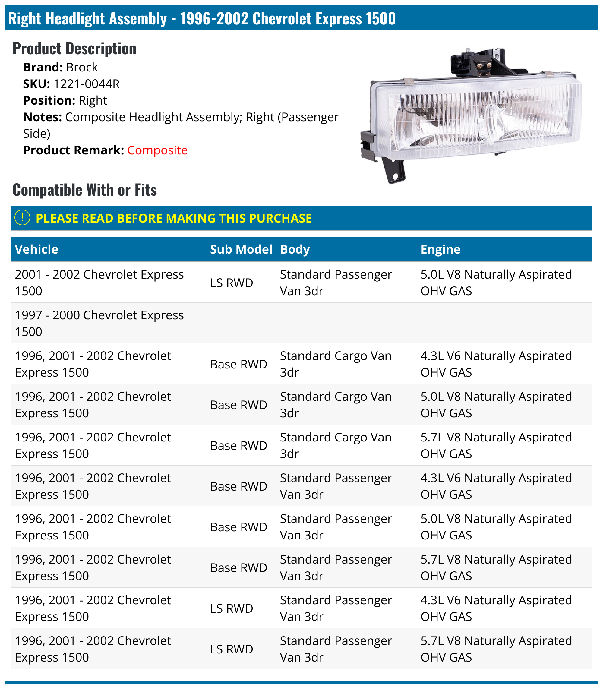 1996-2002 Chevrolet Express 1500 Headlight Assembly - Brock 1221-0044R ...