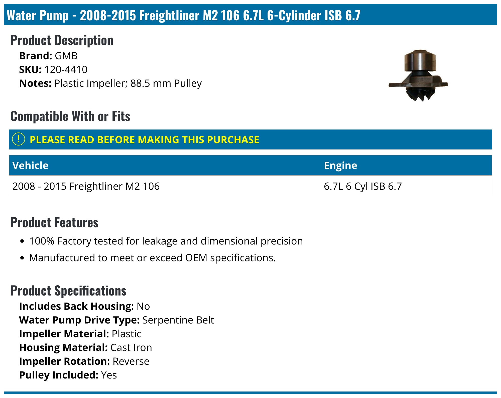 2007-2015 Freightliner M2 106 Water Pump - GMB 120-4410 - PartsGeek.com