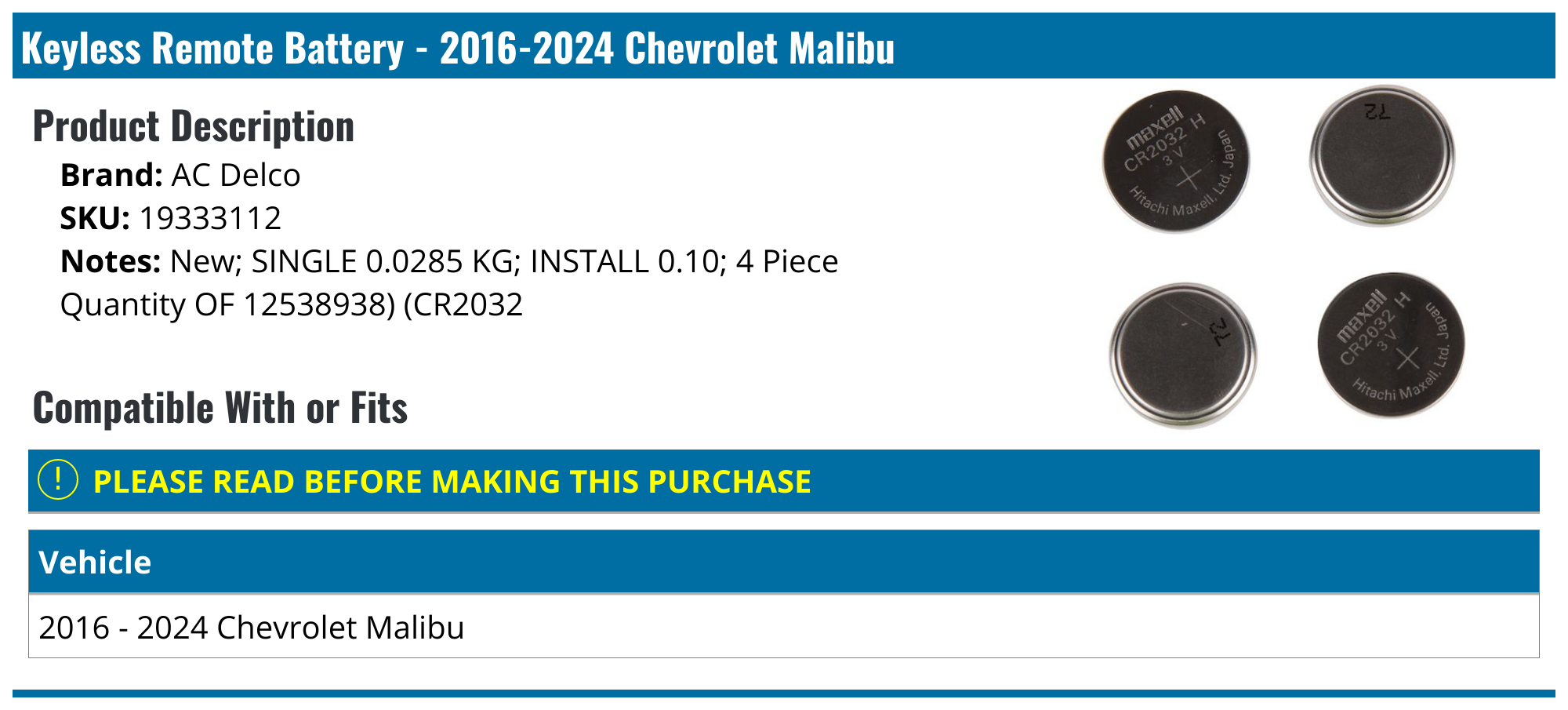 2016-2024 Chevrolet Malibu Keyless Remote Battery - AC Delco 19333112 ...