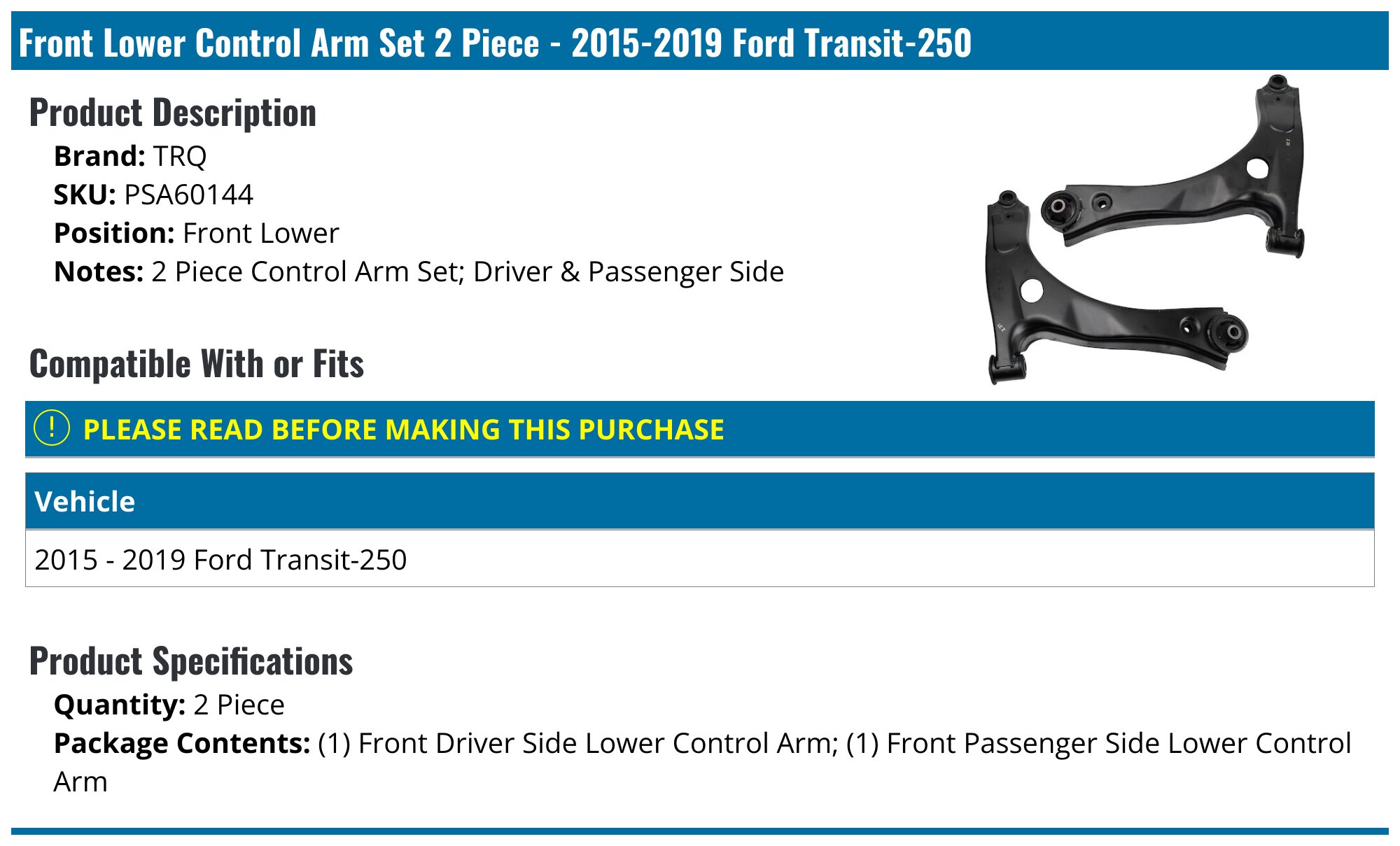 2015-2019 Ford Transit-250 Control Arm - TRQ PSA60144 - Front Lower ...