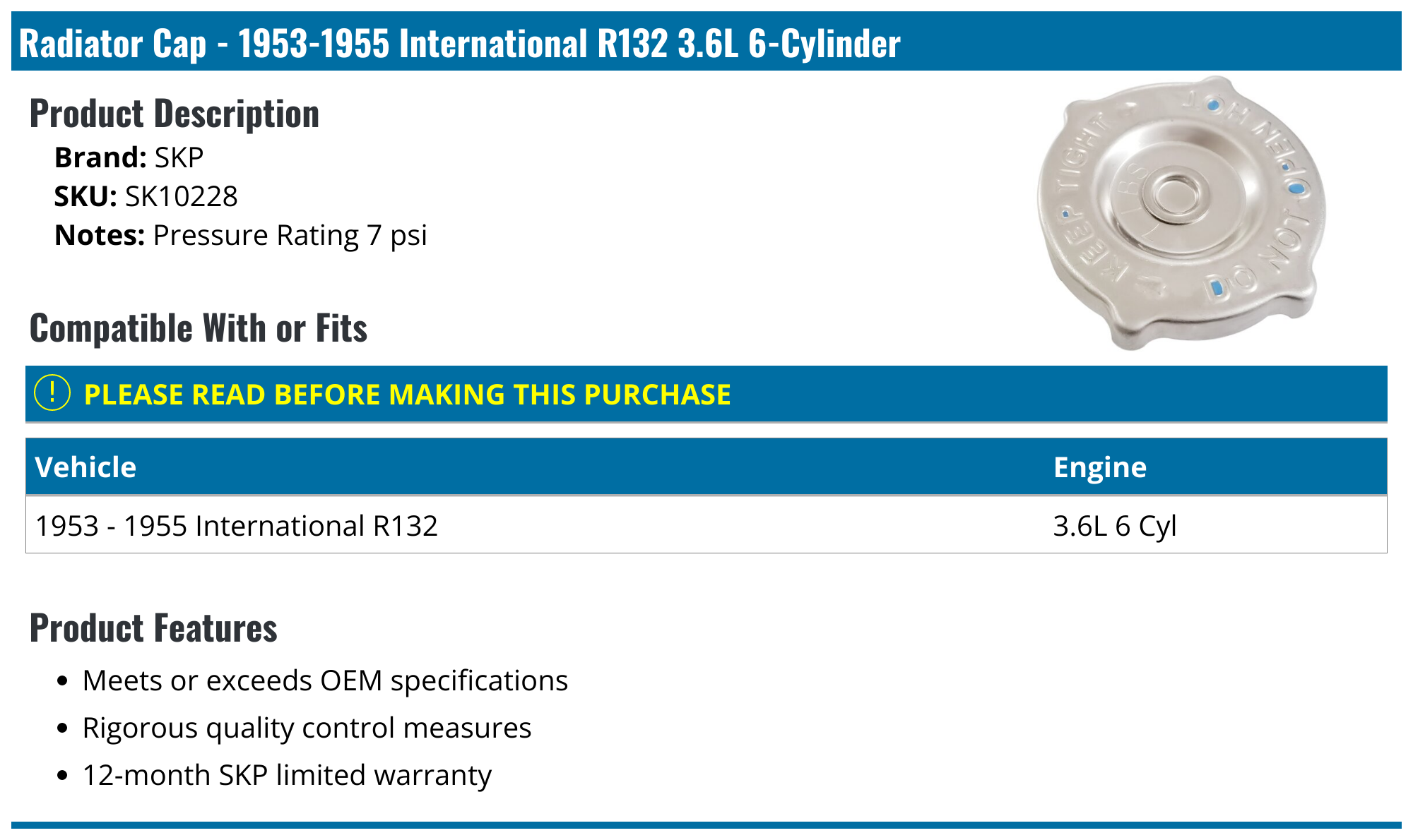 1953-1955 International R132 Radiator Cap - SKP SK10228 - PartsGeek.com