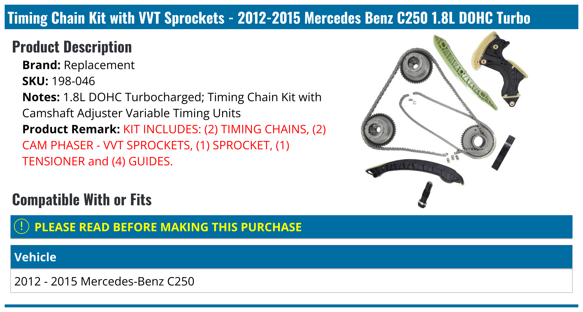 2012-2015 Mercedes C250 Timing Chain - Replacement 198-046 - PartsGeek.com
