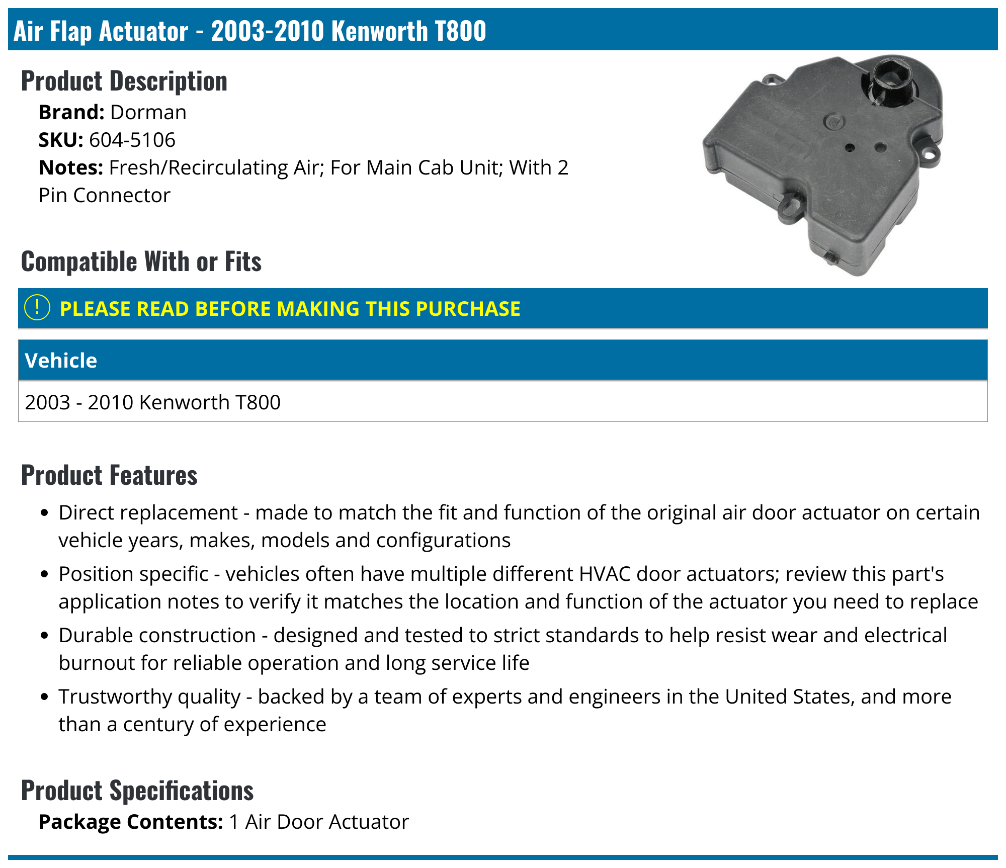 2003-2010 Kenworth T800 Air Flap Actuator - Dorman 604-5106 ...
