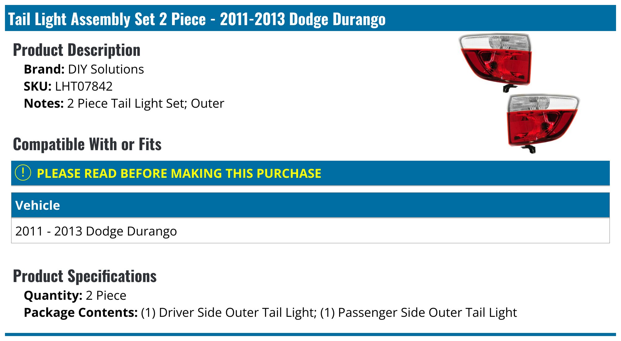 2011-2013 Dodge Durango Tail Light Assembly - DIY Solutions LHT07842 ...
