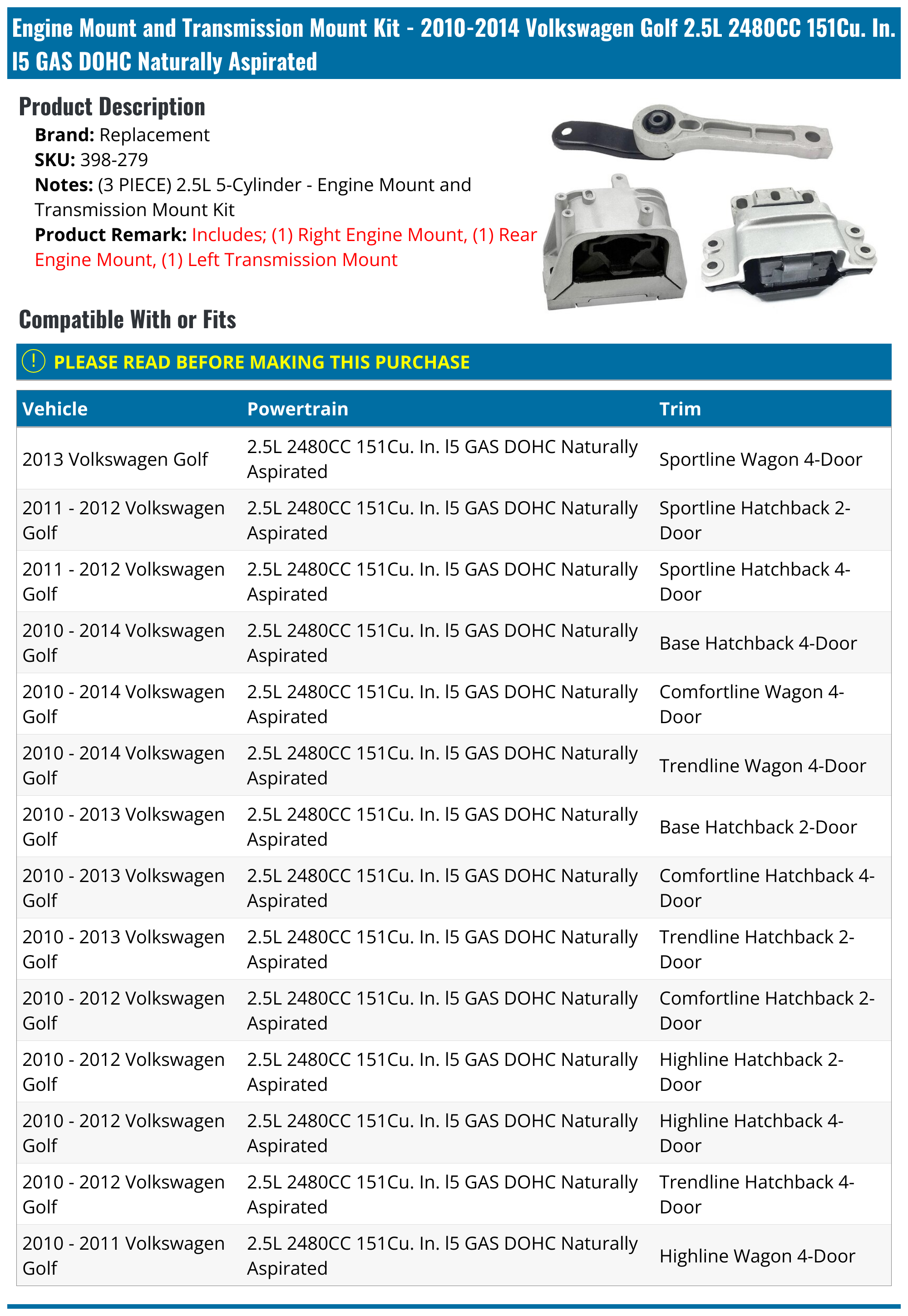 2010-2014 Volkswagen Golf Engine Mount - Replacement 398-279 ...