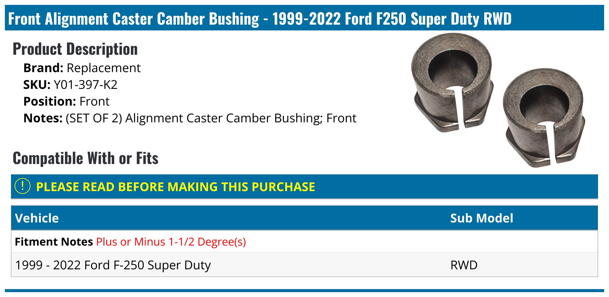 1999-2022 Ford F250 Super Duty Alignment Caster Camber Bushing ...
