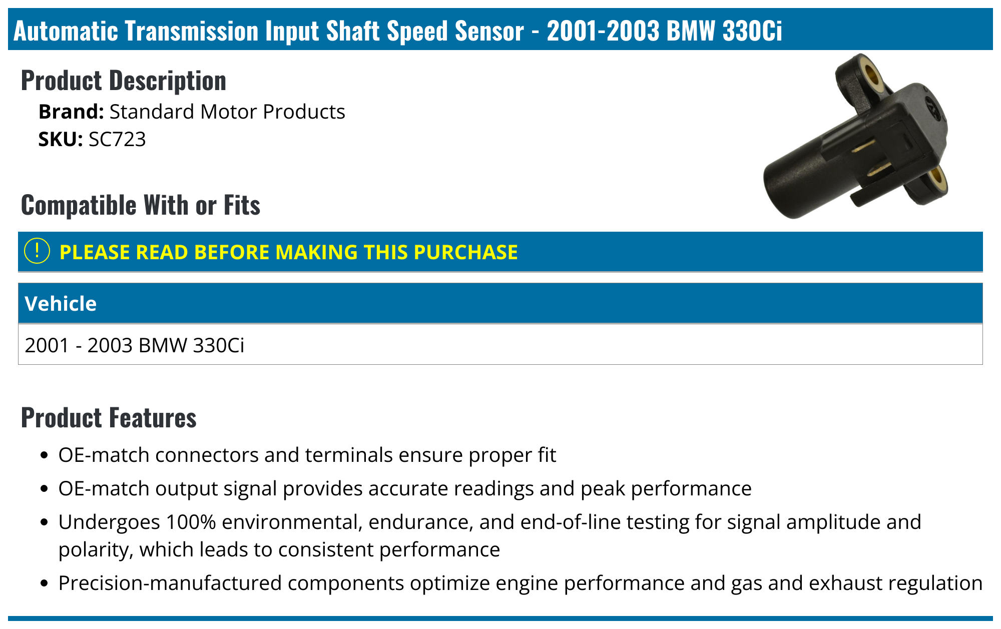 2001-2003 BMW 330Ci Automatic Transmission Input Shaft Speed Sensor ...