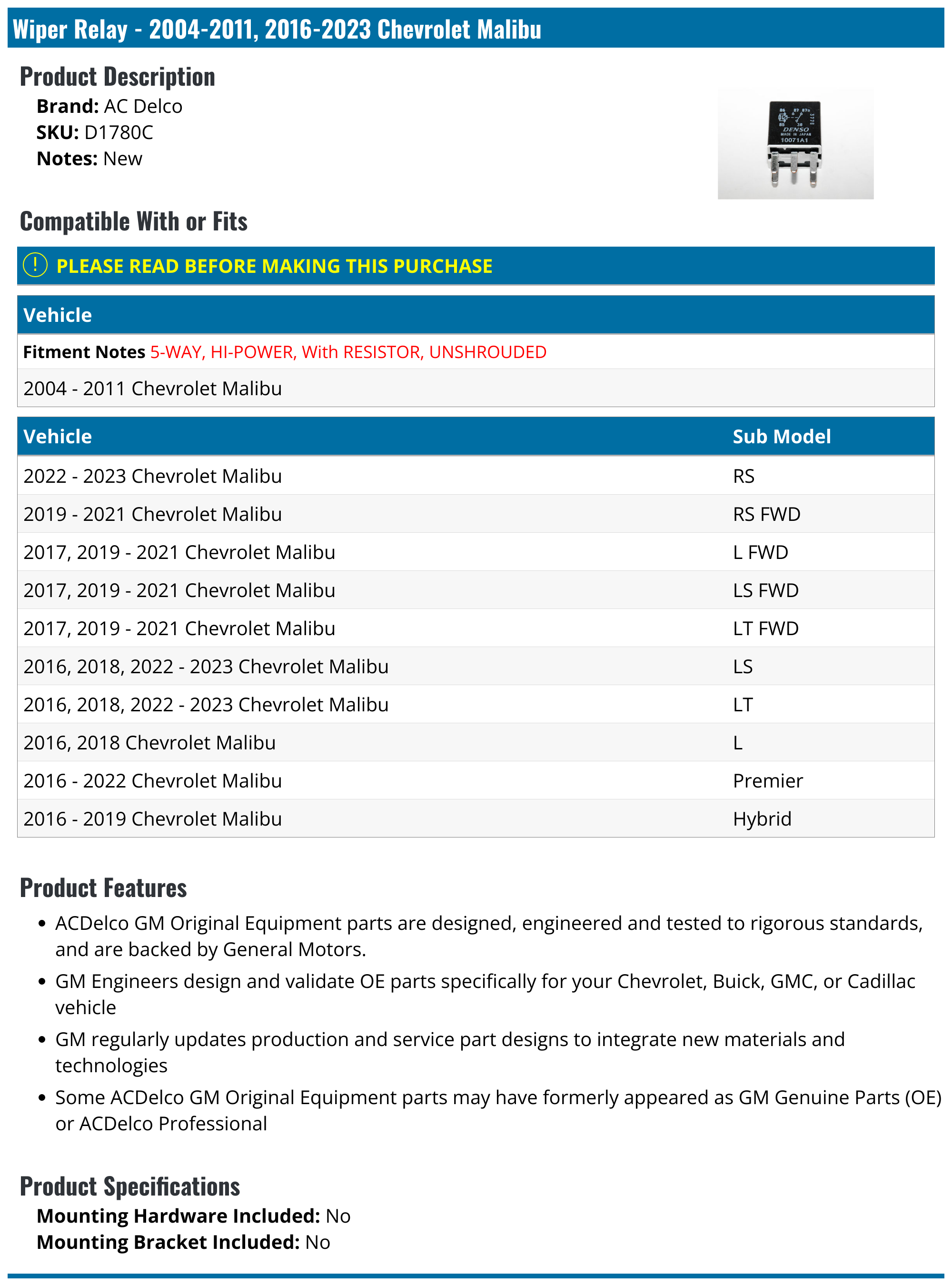2004-2011, 2016-2025 Chevrolet Malibu Wiper Relay - AC Delco D1780C ...