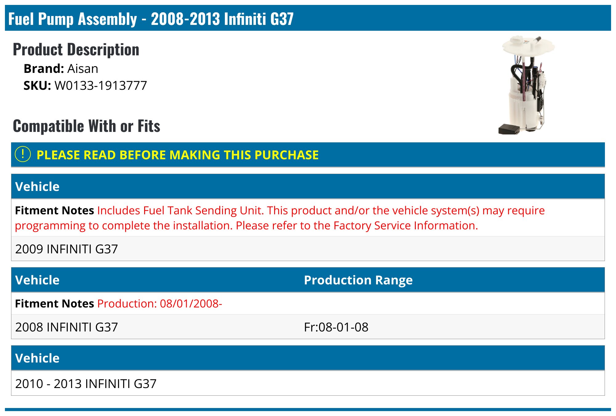 2008-2013 Infiniti G37 Fuel Pump - Aisan W0133-1913777 - PartsGeek.com