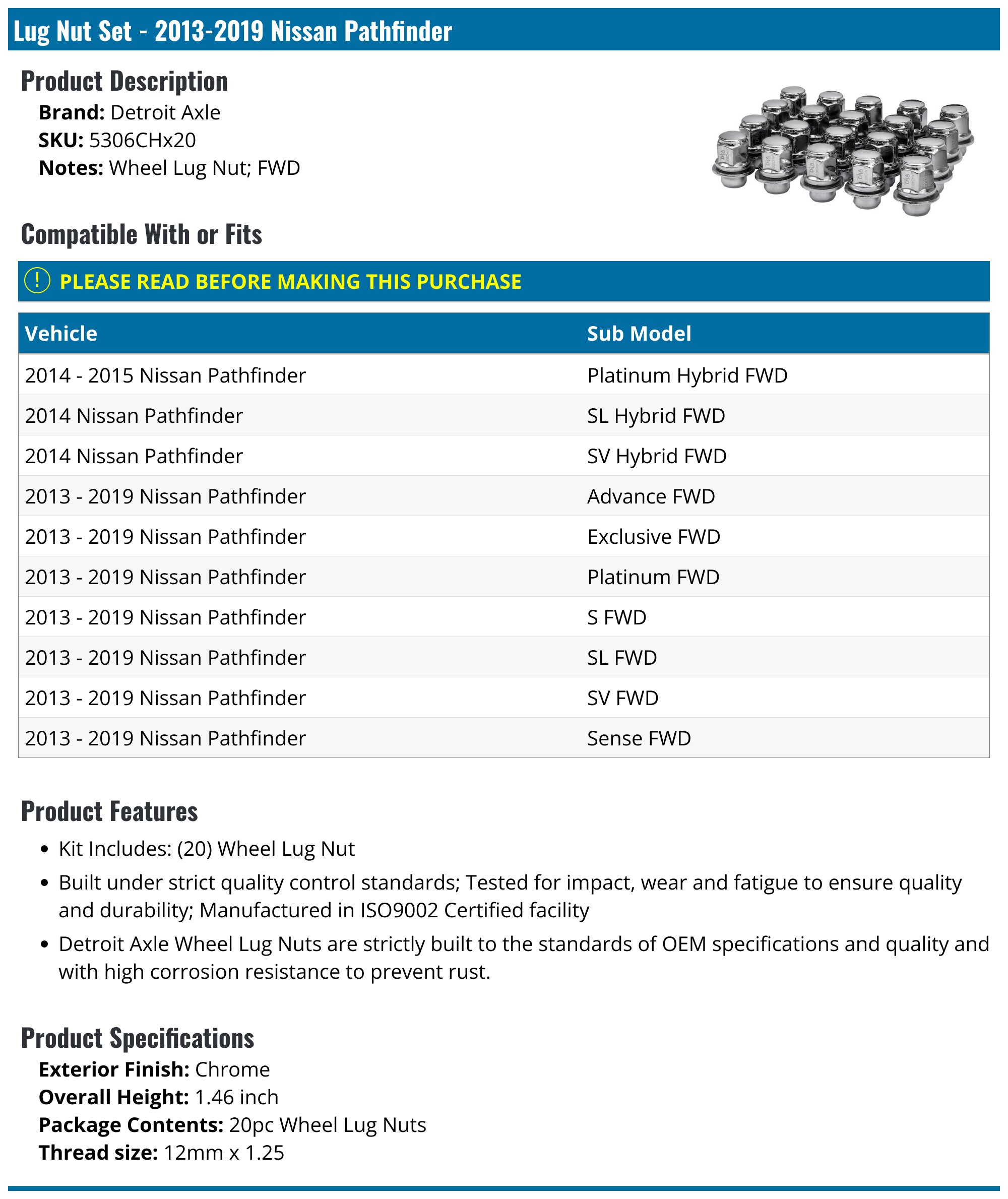 2013-2019 Nissan Pathfinder Lug Nut - Detroit Axle 5306CHx20 ...