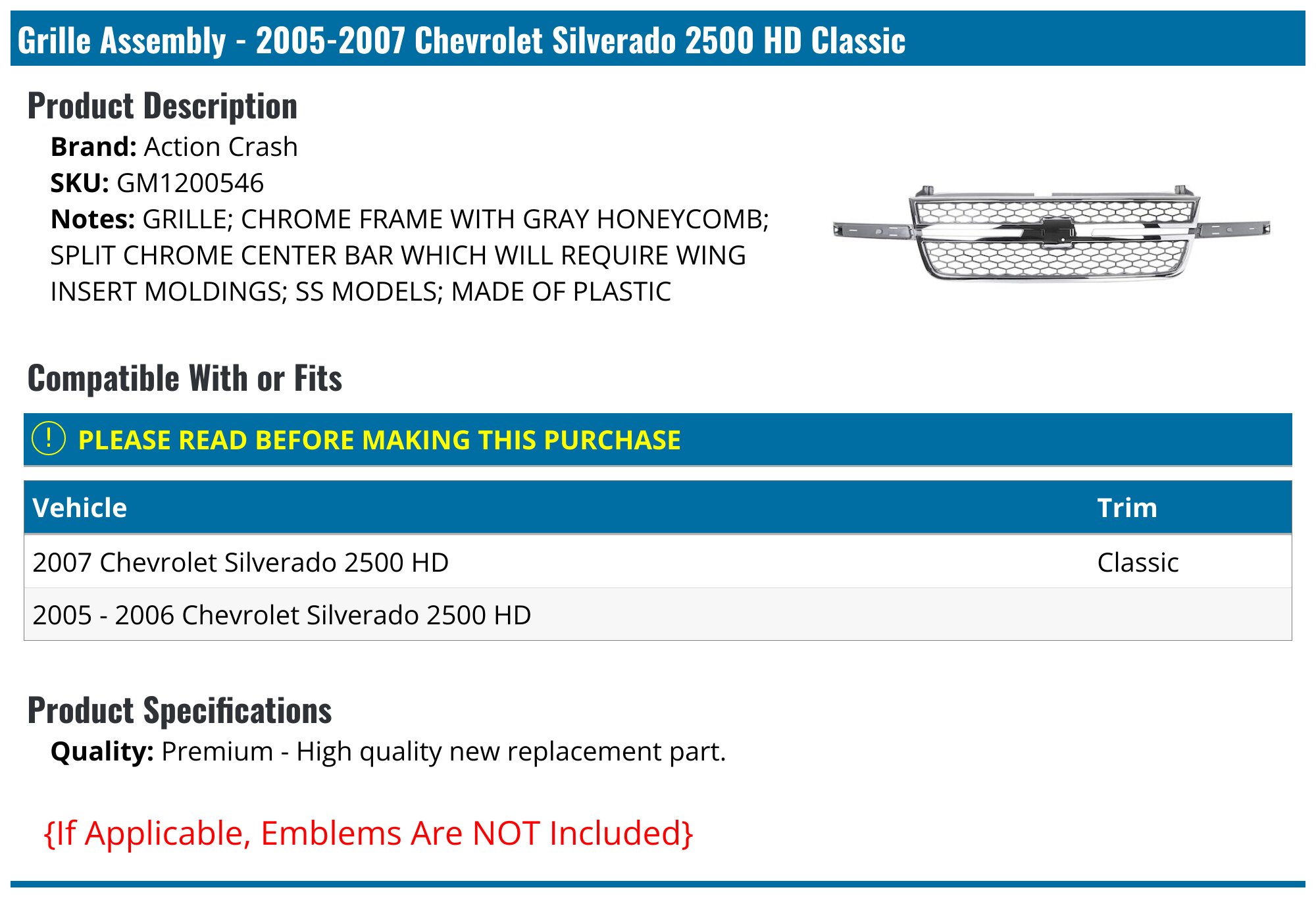 2005-2007 Chevrolet Silverado 2500 HD Grille Assembly - Action Crash ...