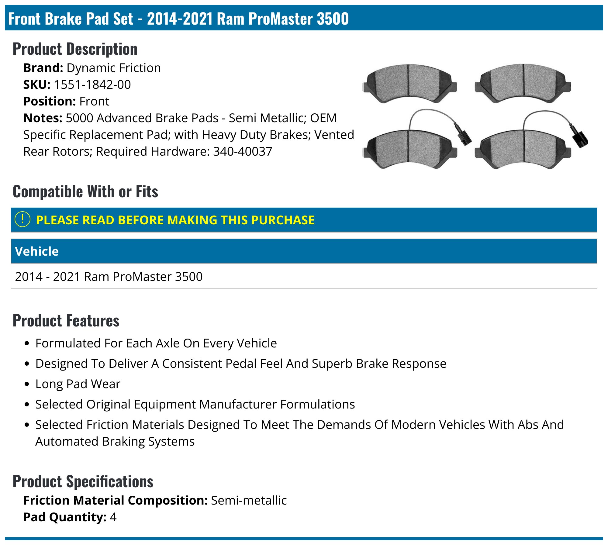 2014-2021, 2023-2026 Ram ProMaster 3500 Brake Pad Set - Dynamic ...