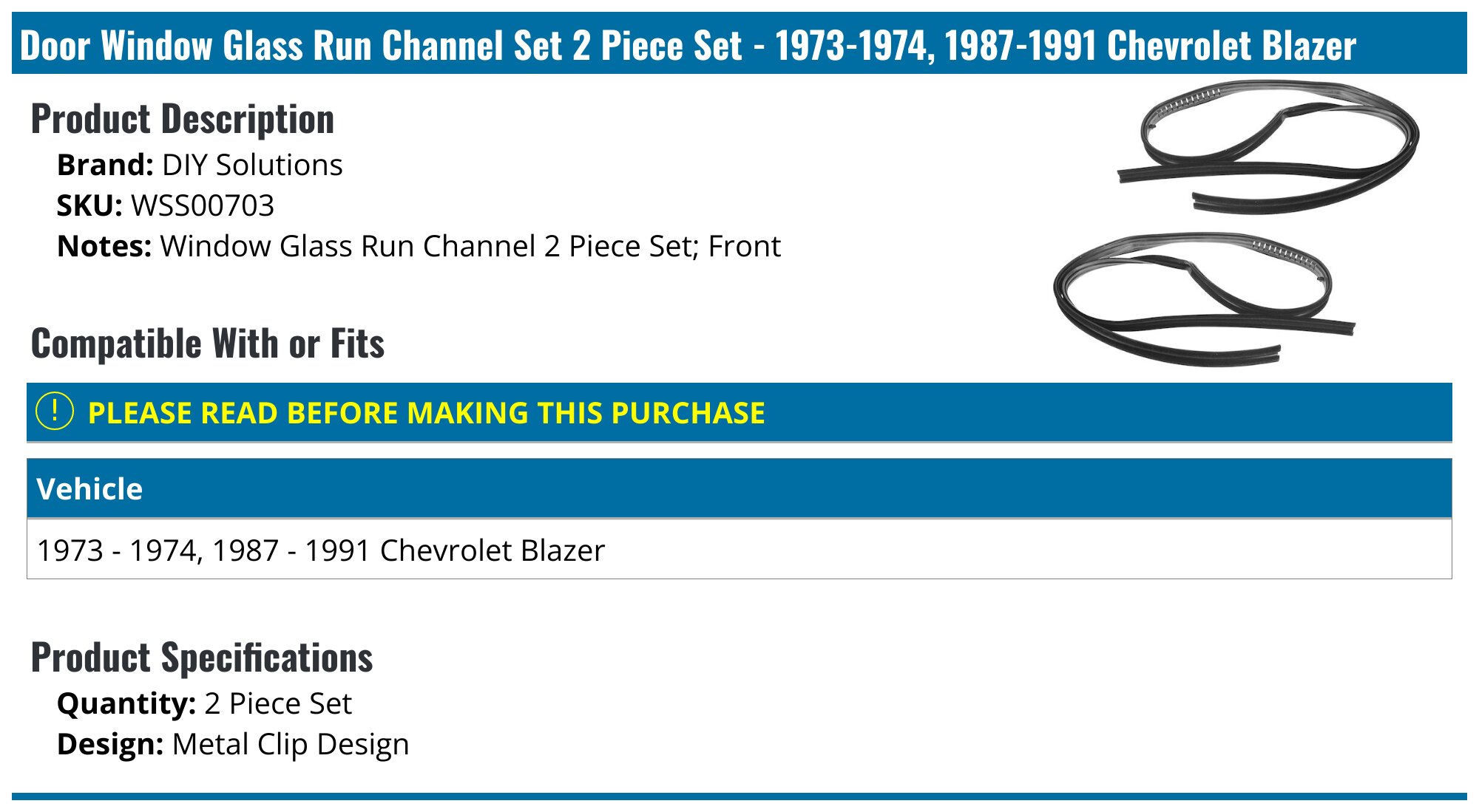 1973-1974, 1987-1991 Chevrolet Blazer Door Window Glass Run Channel ...