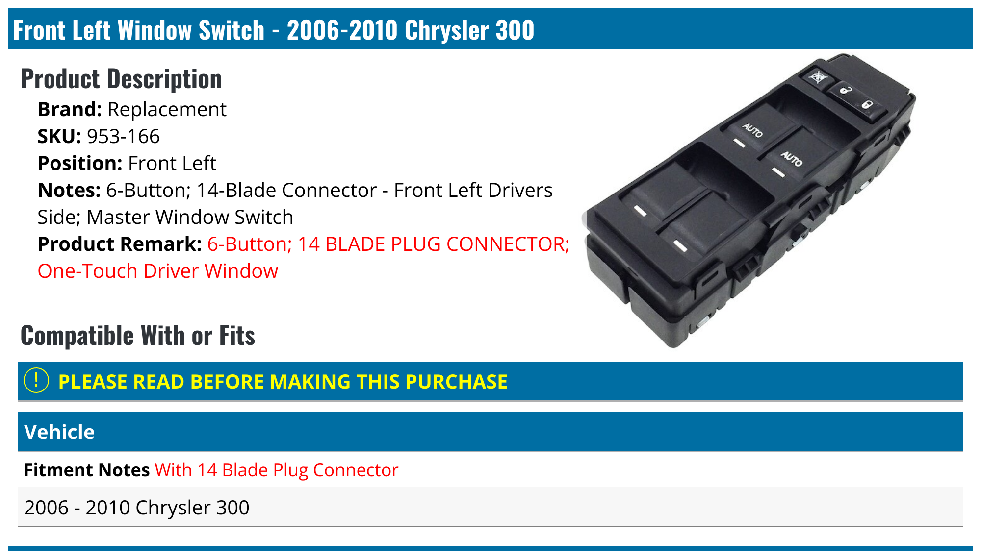 2006-2010 Chrysler 300 Window Switch - Replacement 953-166 - Front Left ...