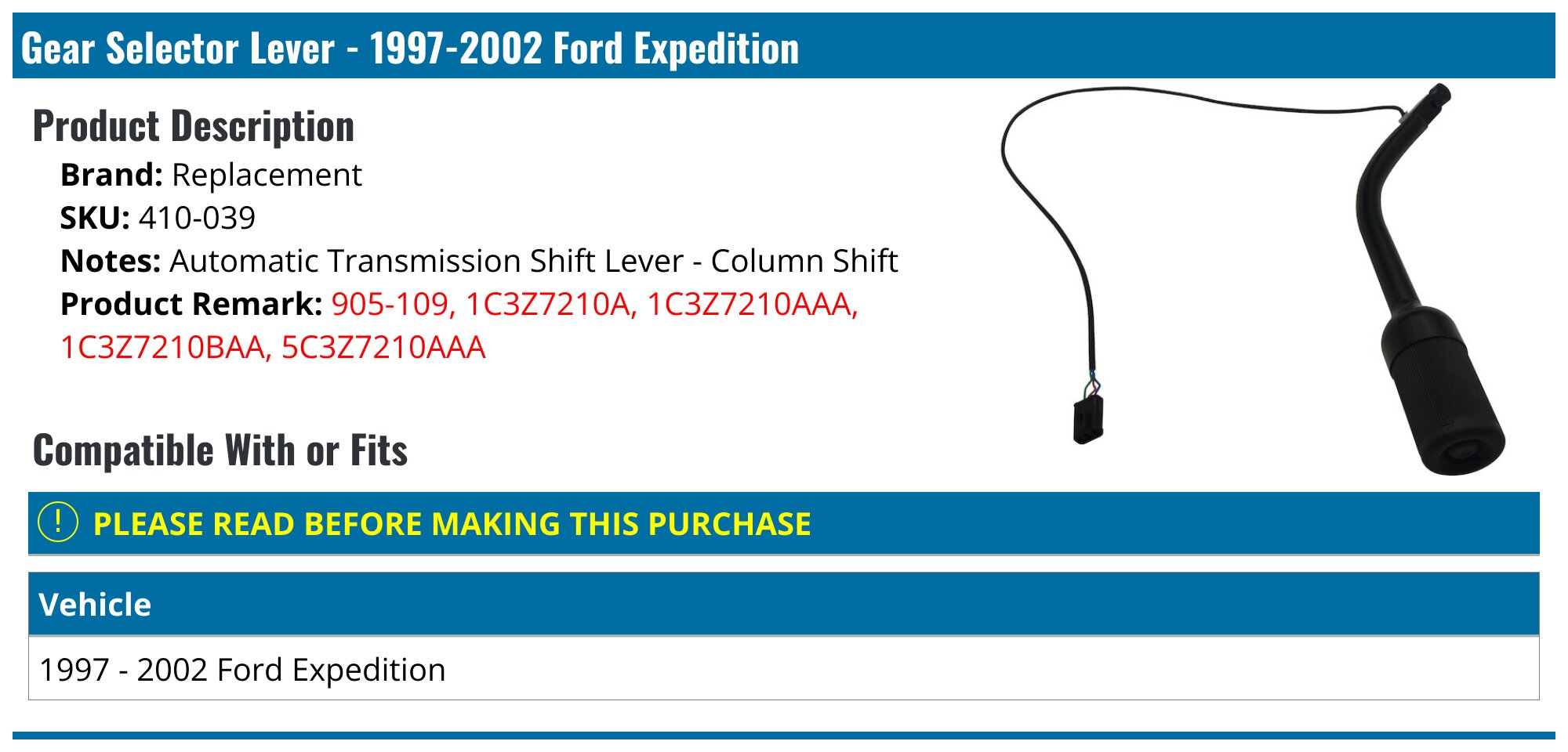 1997-2002 Ford Expedition Gear Selector Lever - Replacement 410-039 ...