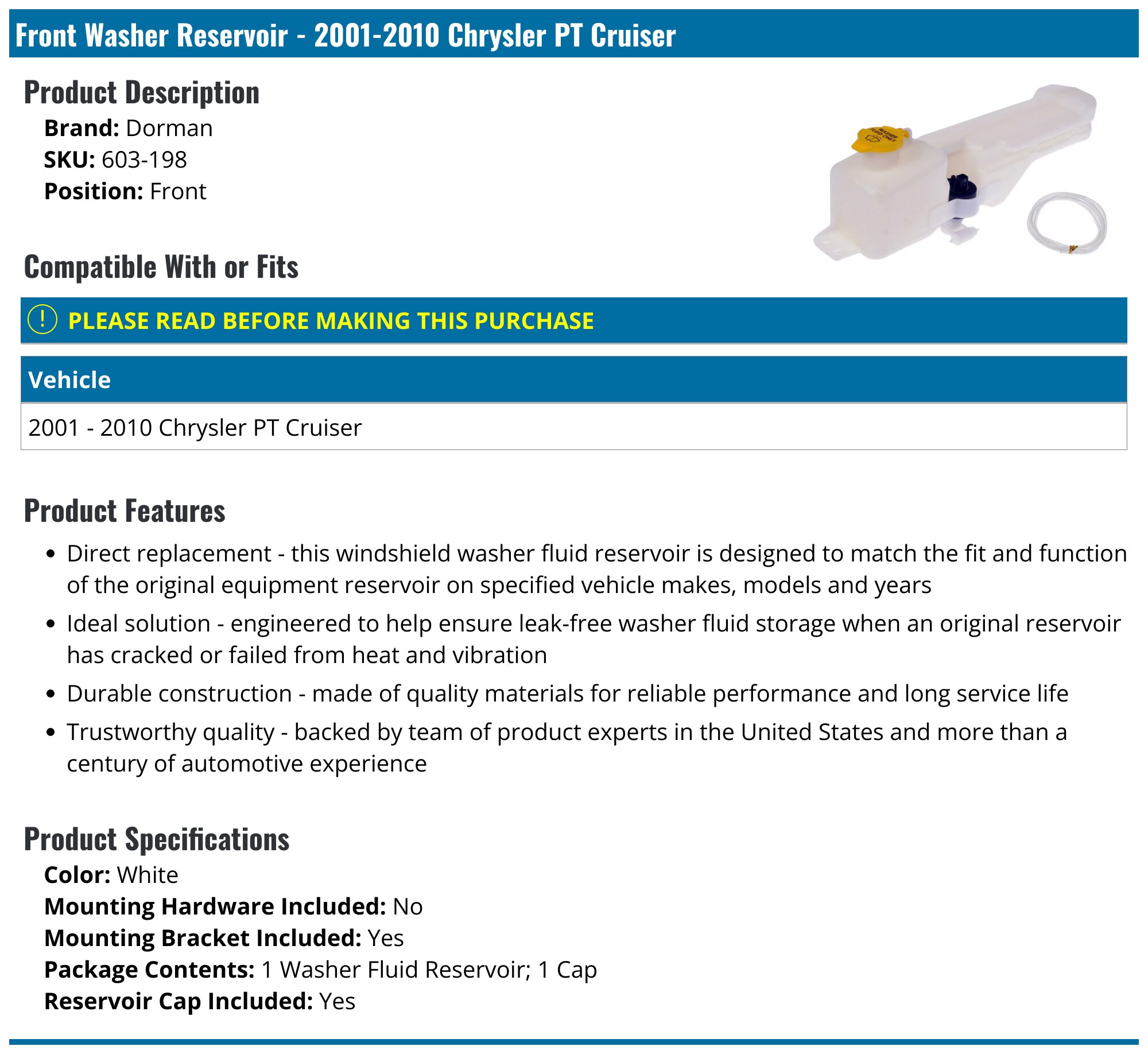 2001-2010 Chrysler PT Cruiser Windshield Washer Tank - Dorman 603-198 ...