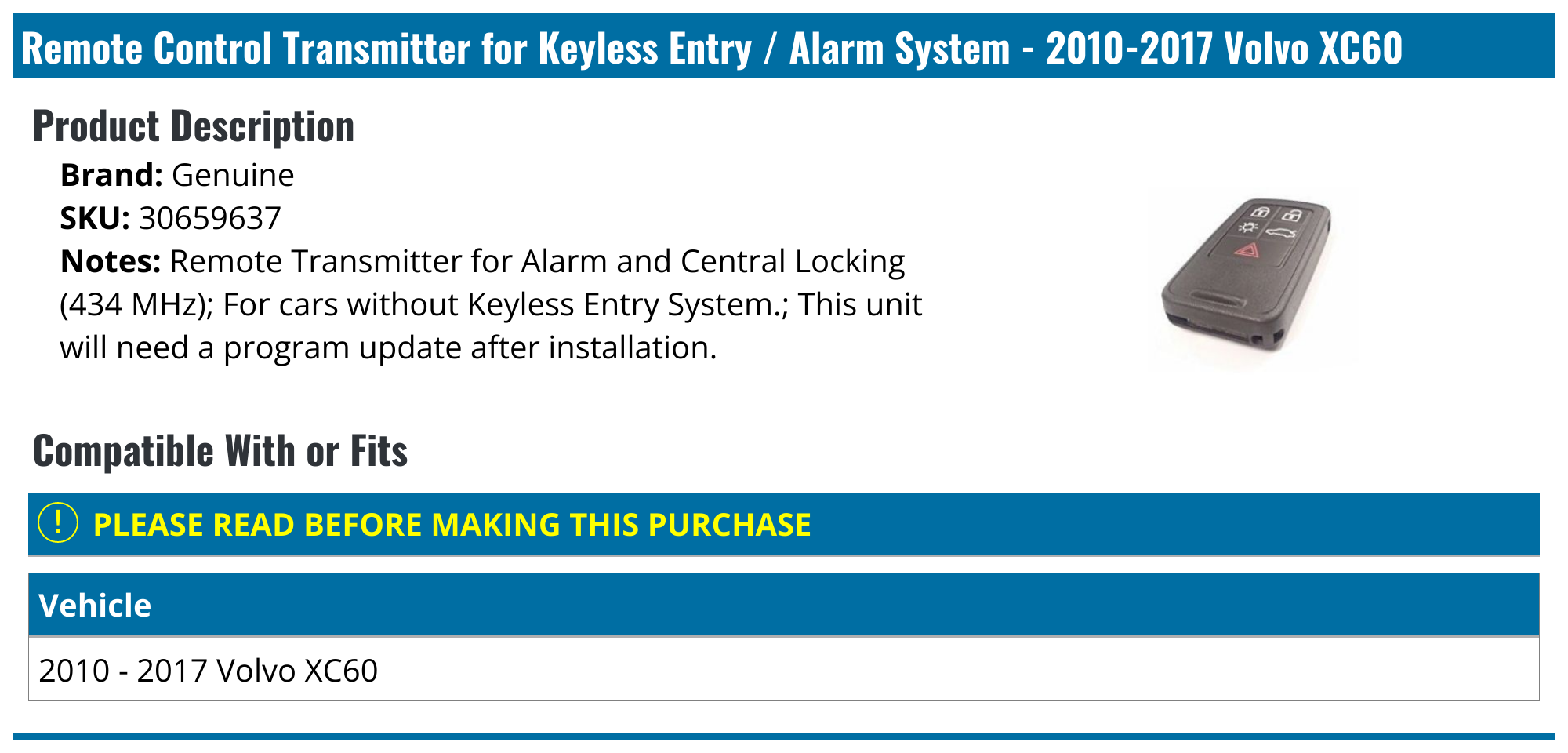 2010-2017 Volvo XC60 Remote Control Transmitter for Keyless Entry ...
