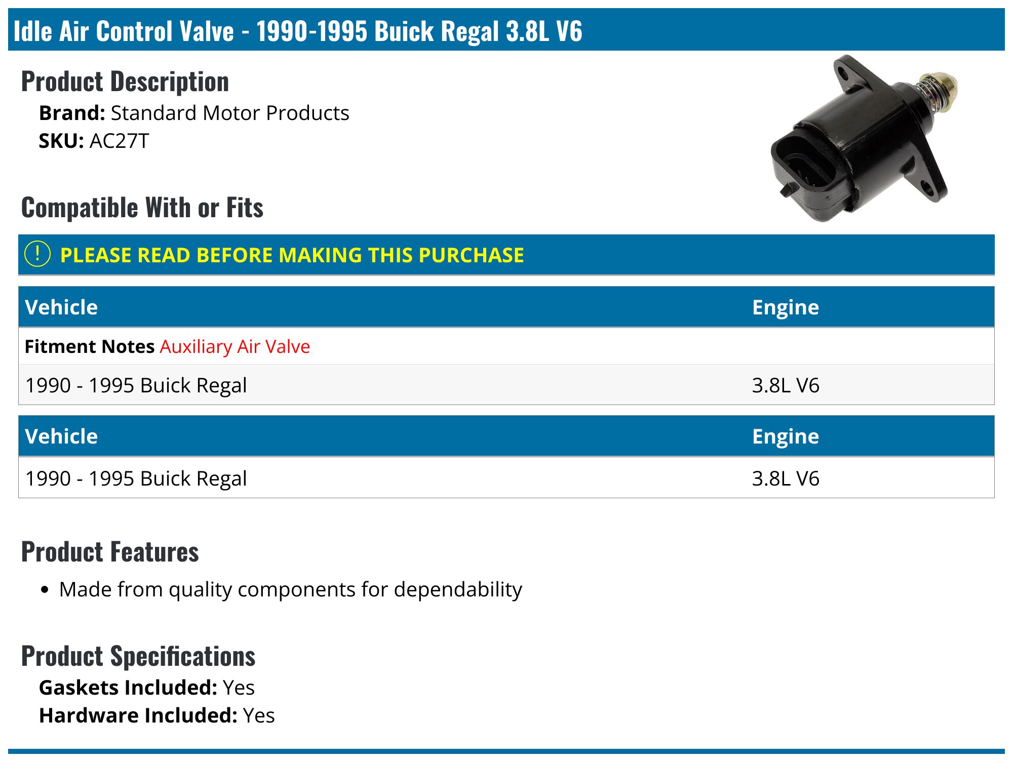 1990 1995 Buick Regal Idle Control Valve Standard Motor Products