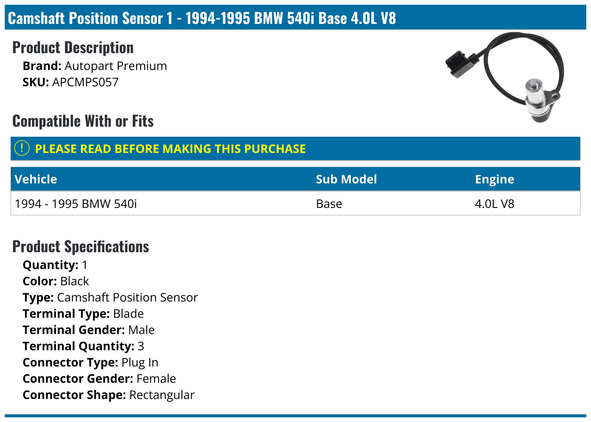 1994-1995 BMW 540i Camshaft Position Sensor - Autopart Premium ...