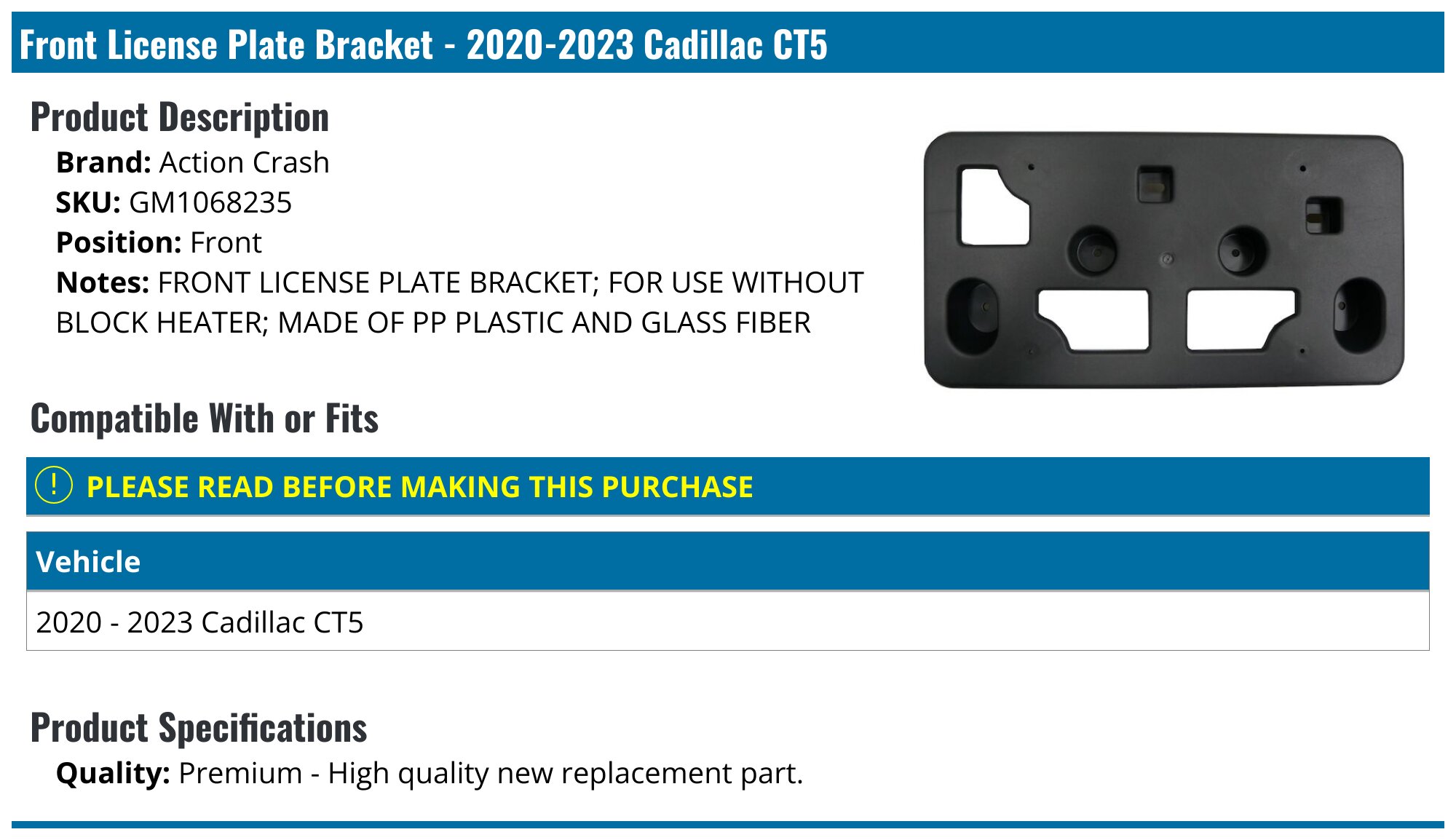2020-2024 Cadillac CT5 License Plate Bracket - Action Crash GM1068235 ...