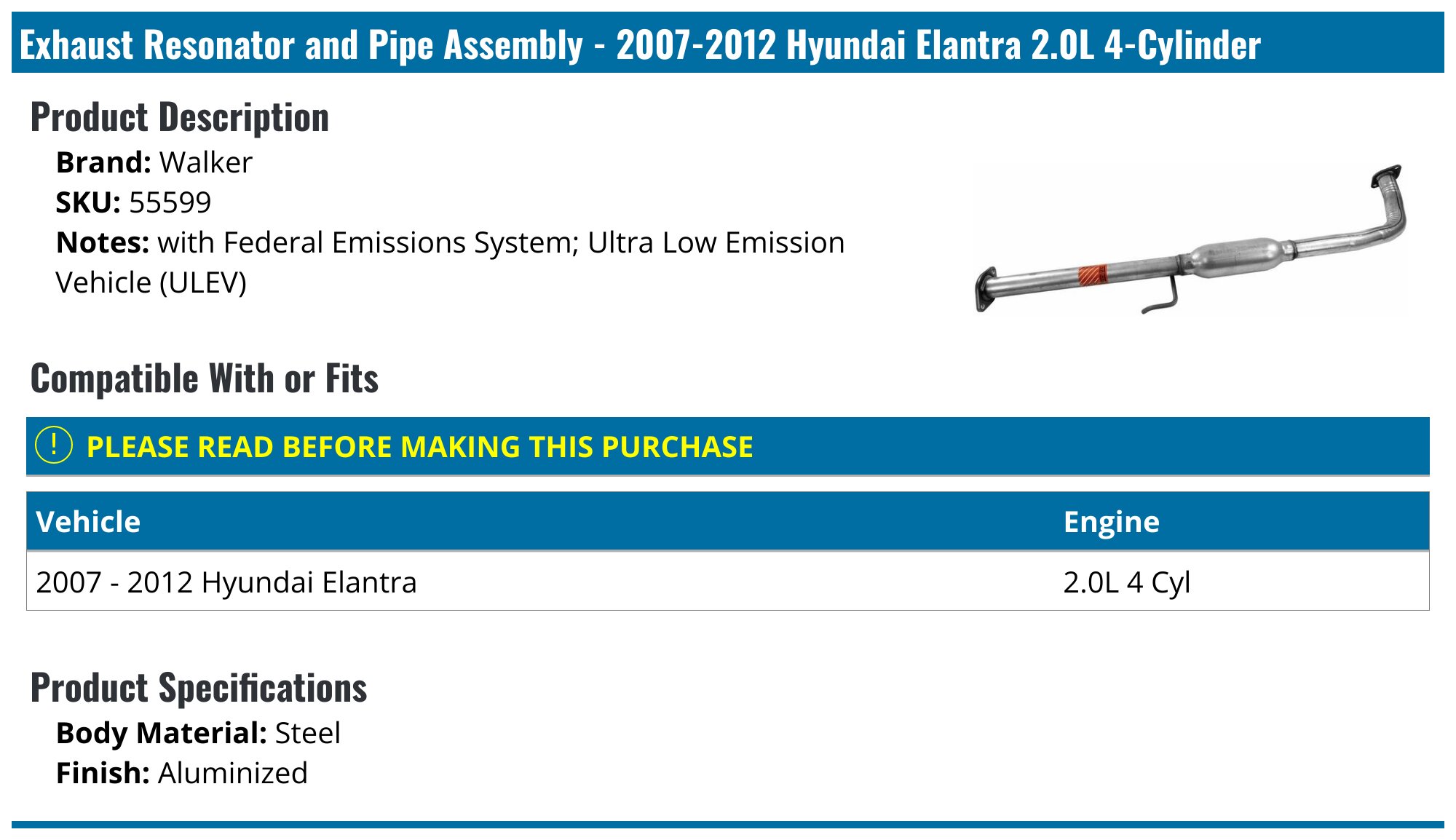 2007-2012 Hyundai Elantra Exhaust Resonator - Walker 55599 - PartsGeek.com