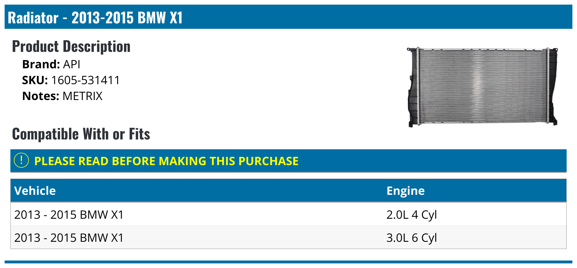 2013-2015 BMW X1 Radiator - API 119603-02129951 - PartsGeek.com