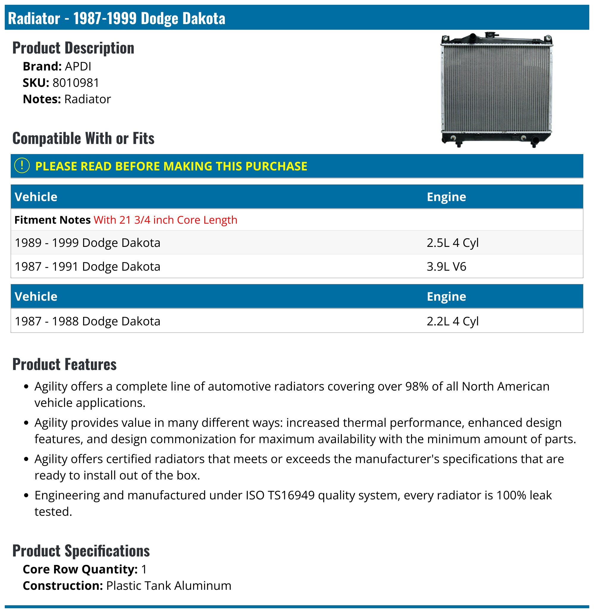 1987-1999 Dodge Dakota Radiator - APDI 8010981 - PartsGeek.com