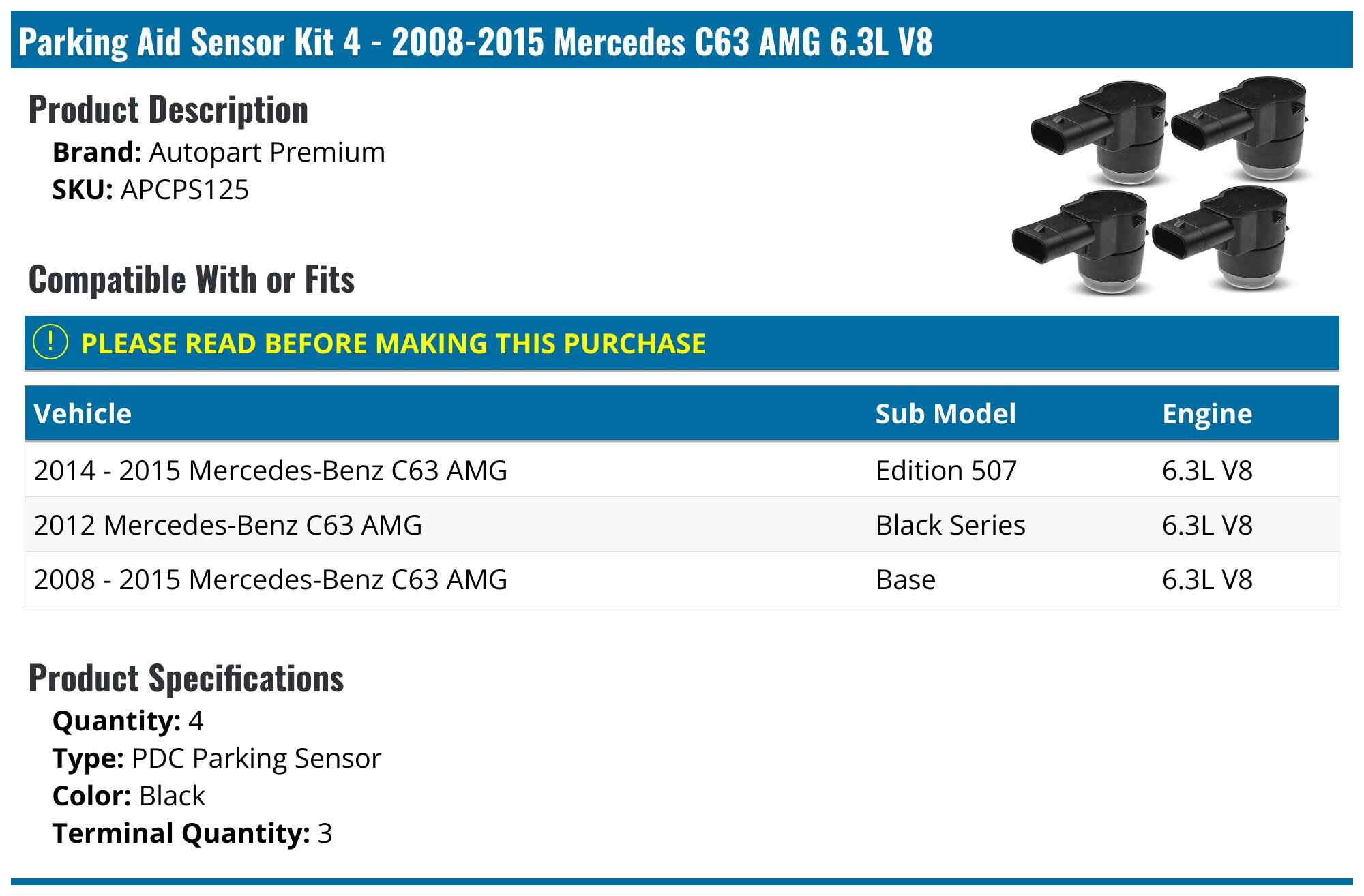 2008-2015 Mercedes C63 AMG Parking Aid Sensor - Autopart Premium ...