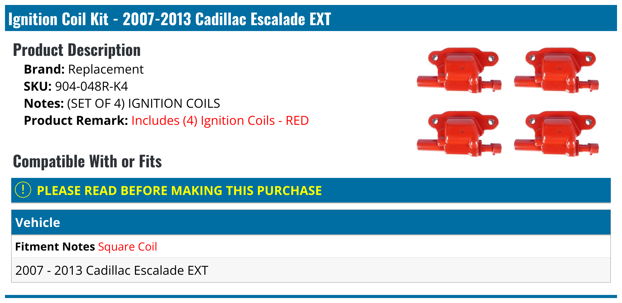 2007-2013 Cadillac Escalade EXT Ignition Coil - Replacement 904-048R-K4 ...