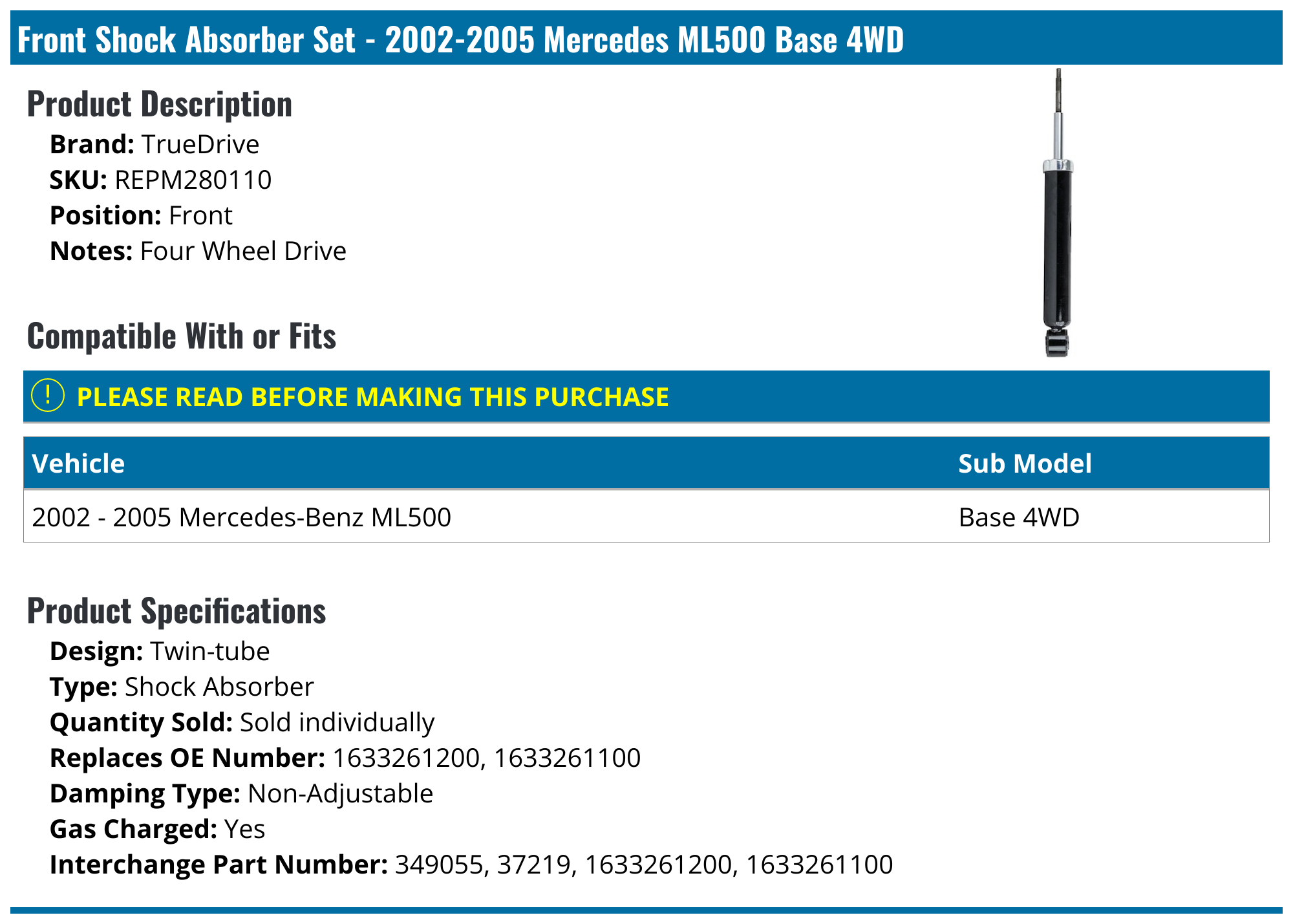 2002-2005 Mercedes ML500 Shock Absorber - TrueDrive REPM280110 - Front ...