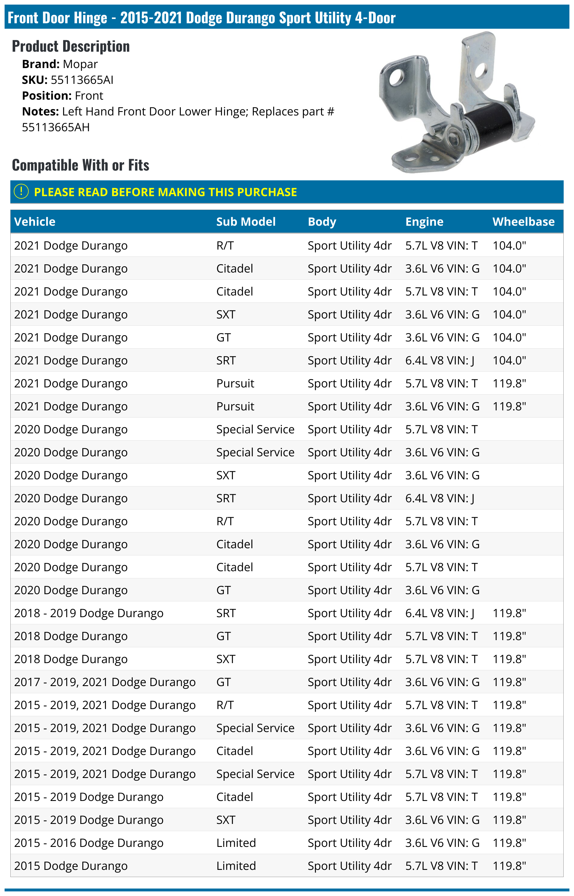 2015-2021 Dodge Durango Door Hinge - Mopar 55113665AI - Front ...