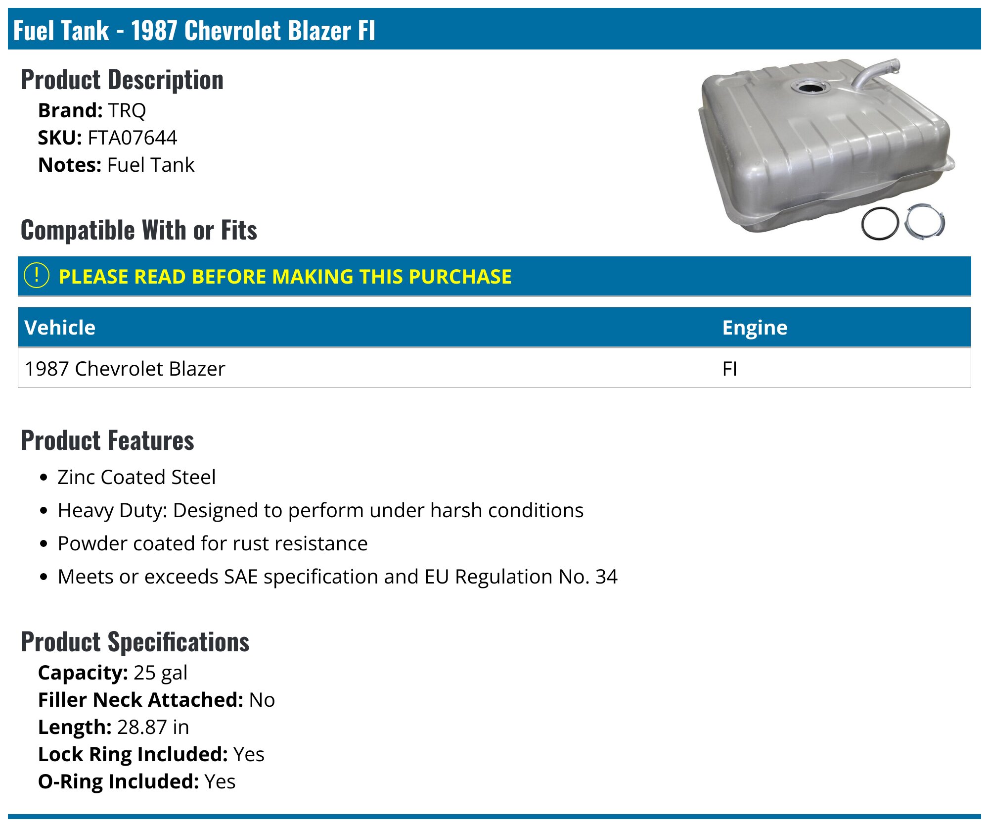 1987 Chevrolet Blazer Fuel Tank - TRQ FTA07644 - PartsGeek.com
