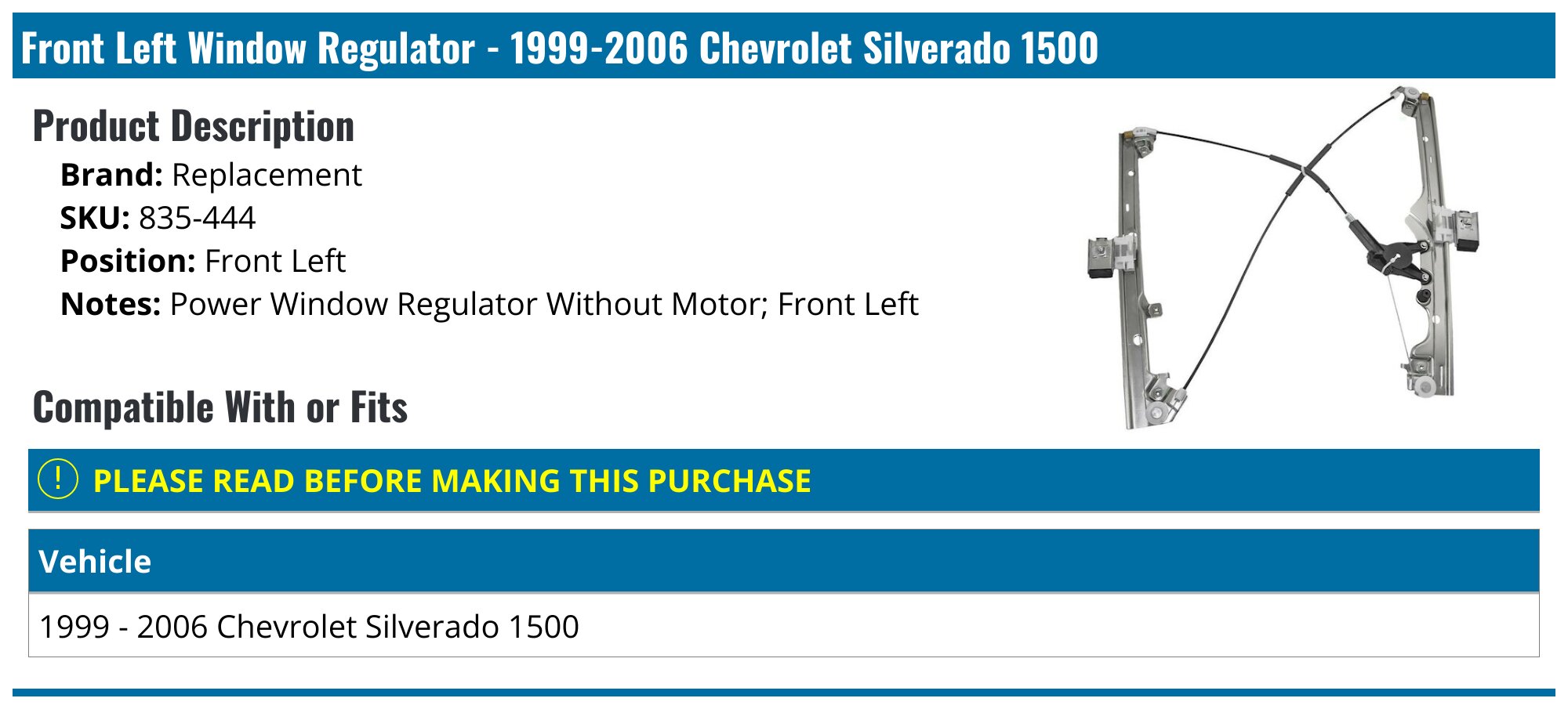 1999-2006 Chevrolet Silverado 1500 Window Regulator - Replacement 835 ...