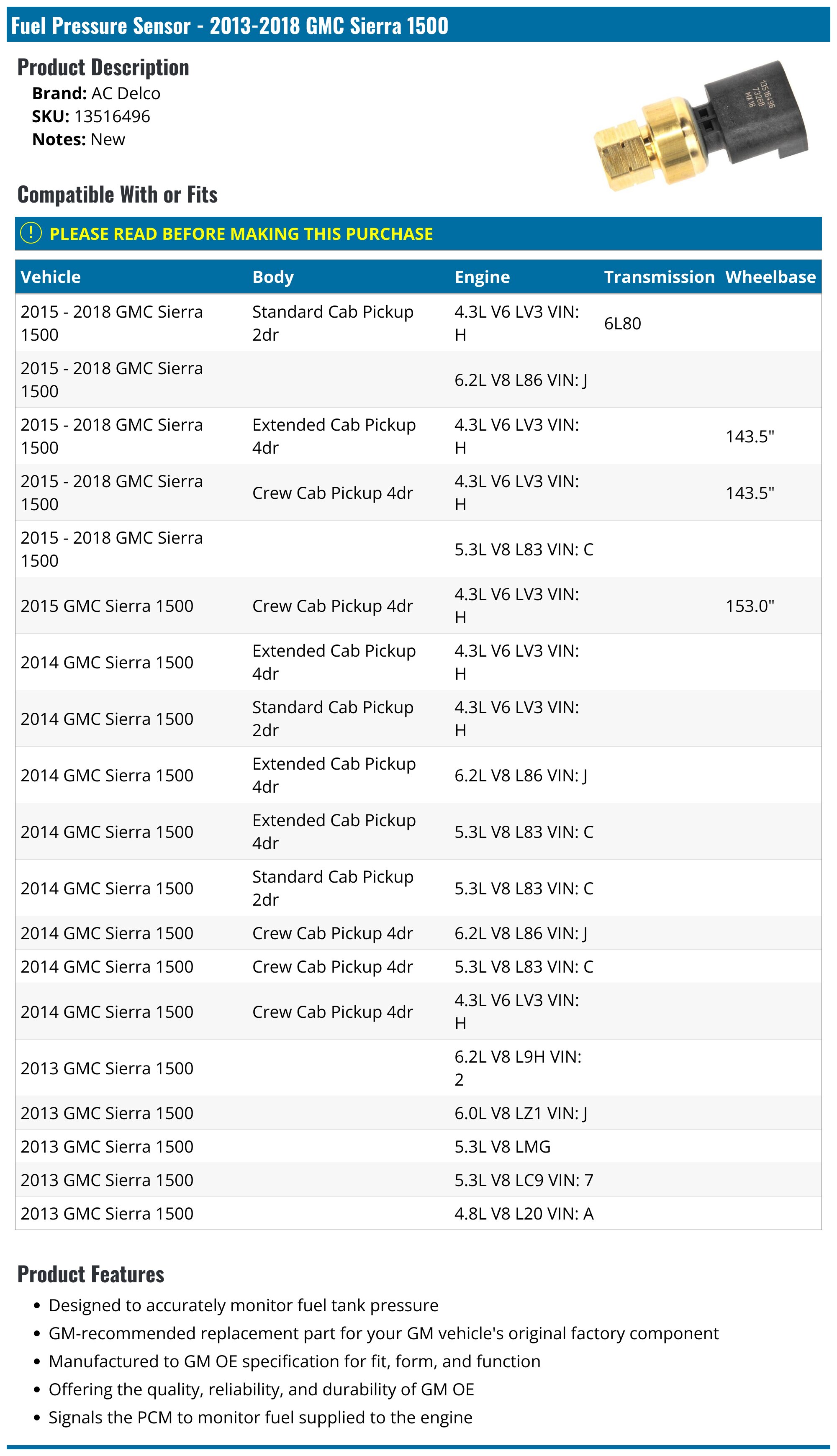 2013-2018 GMC Sierra 1500 Fuel Pressure Sensor - AC Delco 13516496 ...