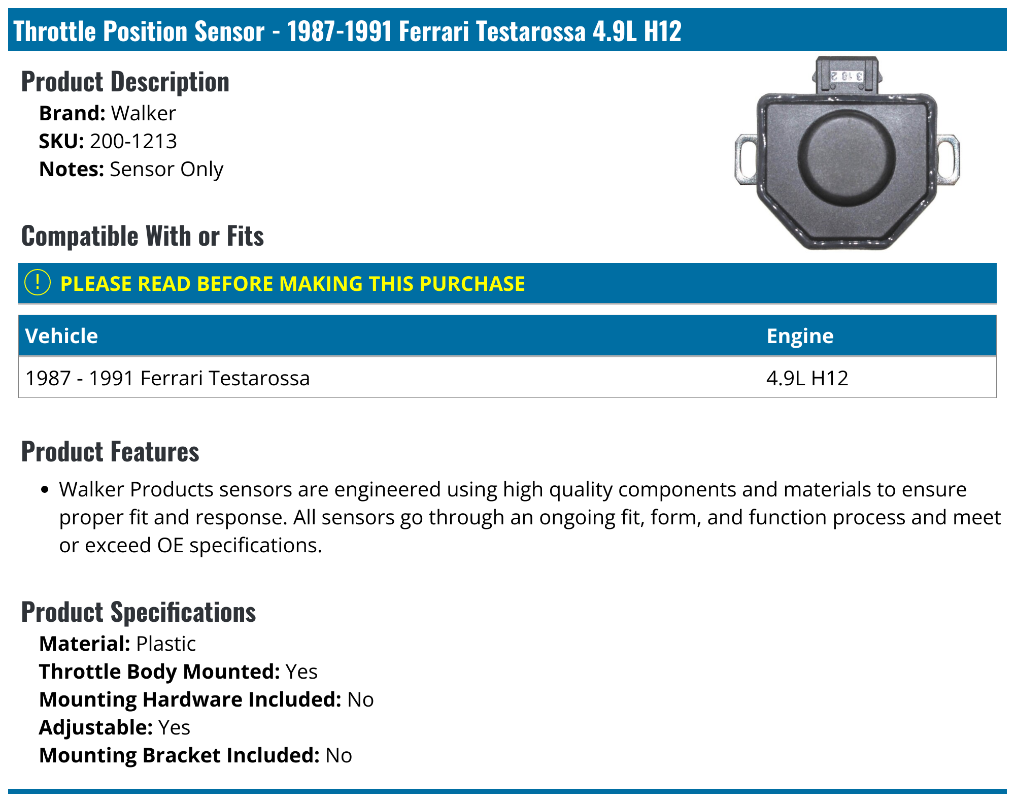 1987-1991 Ferrari Testarossa Throttle Position Sensor - Walker 200-1213 ...