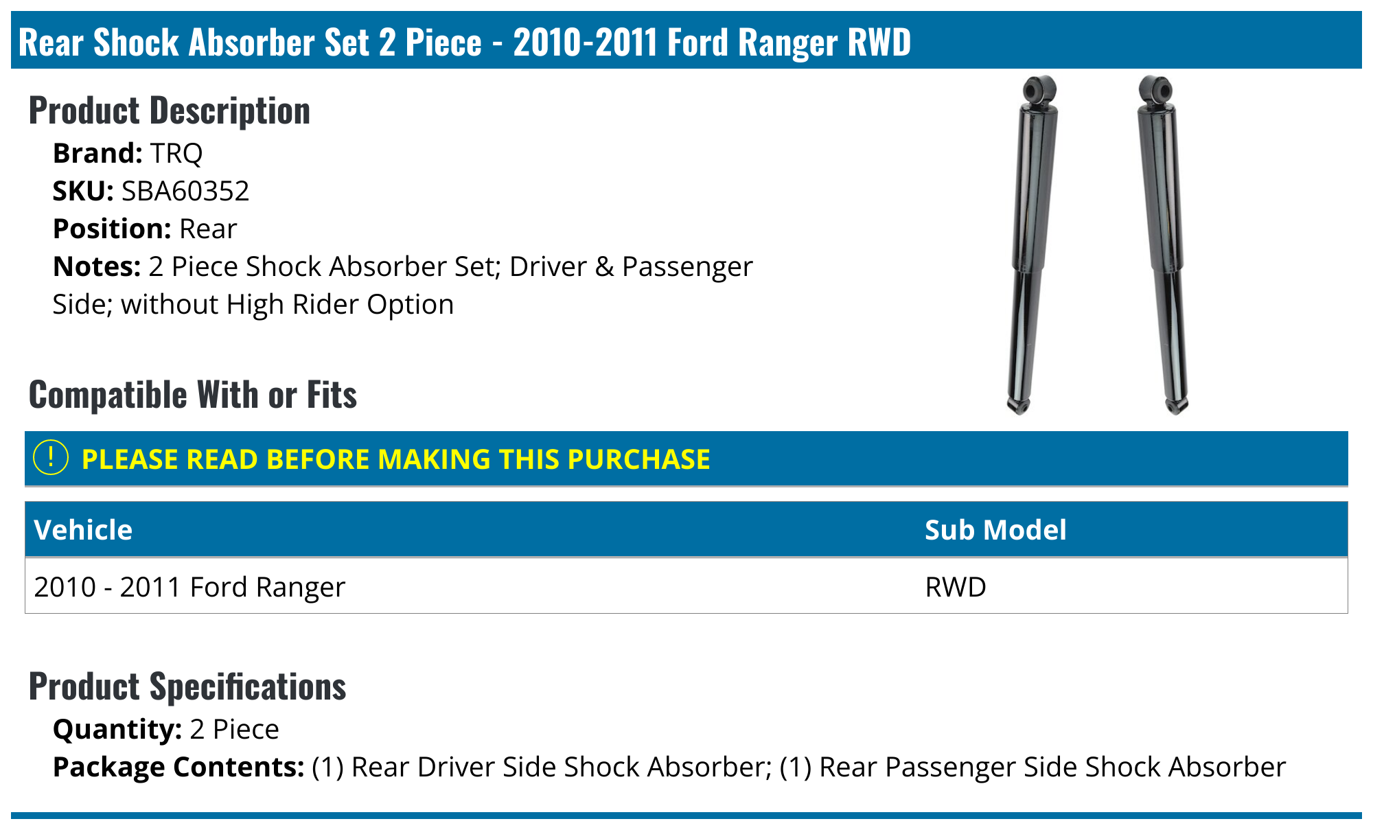 2010-2011 Ford Ranger Shock Absorber - TRQ SBA60352 - Rear - PartsGeek.com
