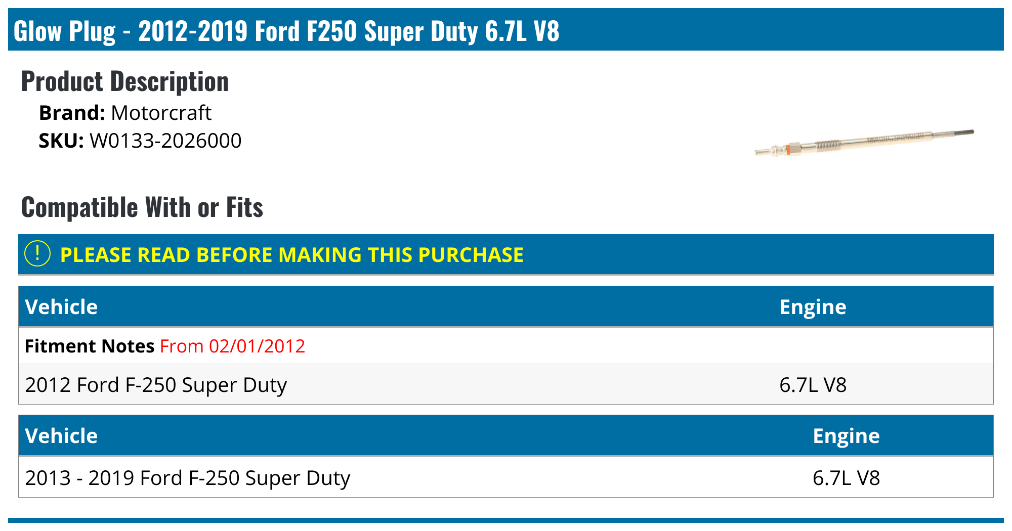 2012-2019 Ford F250 Super Duty Glow Plug - Motorcraft W0133-2026000 ...