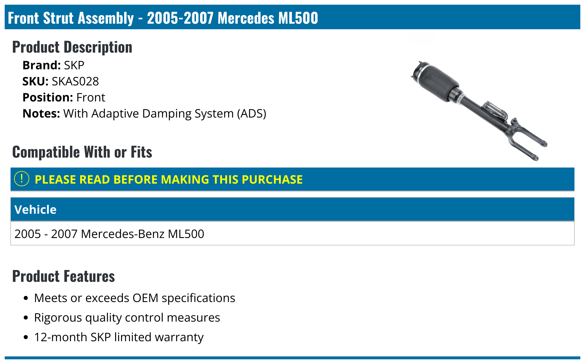 2005-2007 Mercedes ML500 Strut Assembly - SKP SKAS028 - Front ...