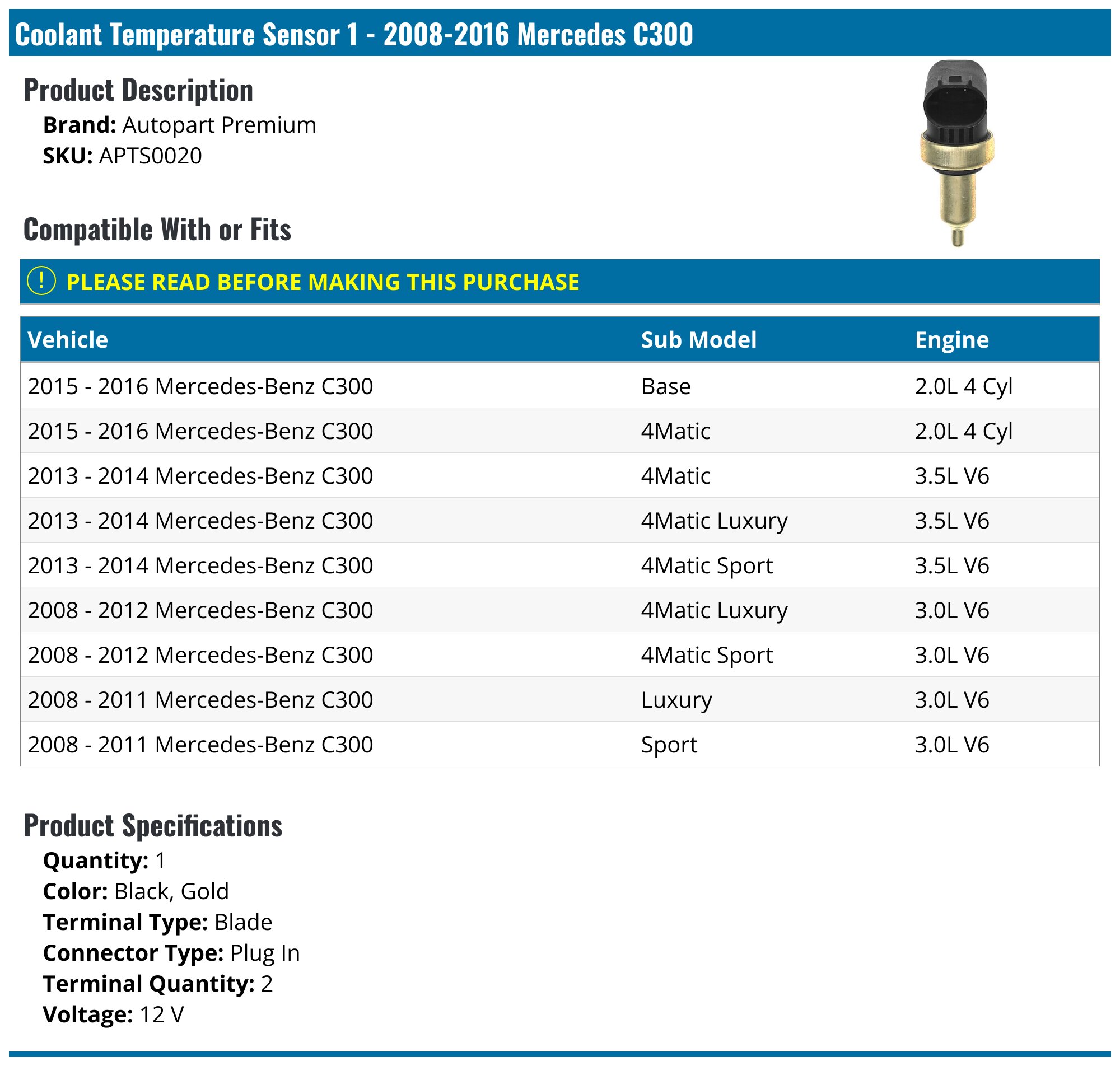 2008-2016 Mercedes C300 Engine Coolant Temperature Sensor - Autopart ...