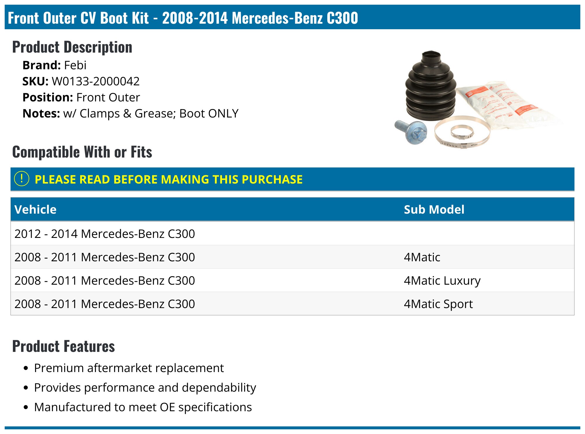 2008-2014 Mercedes C300 CV Boot - Febi W0133-2000042 - Front Outer ...