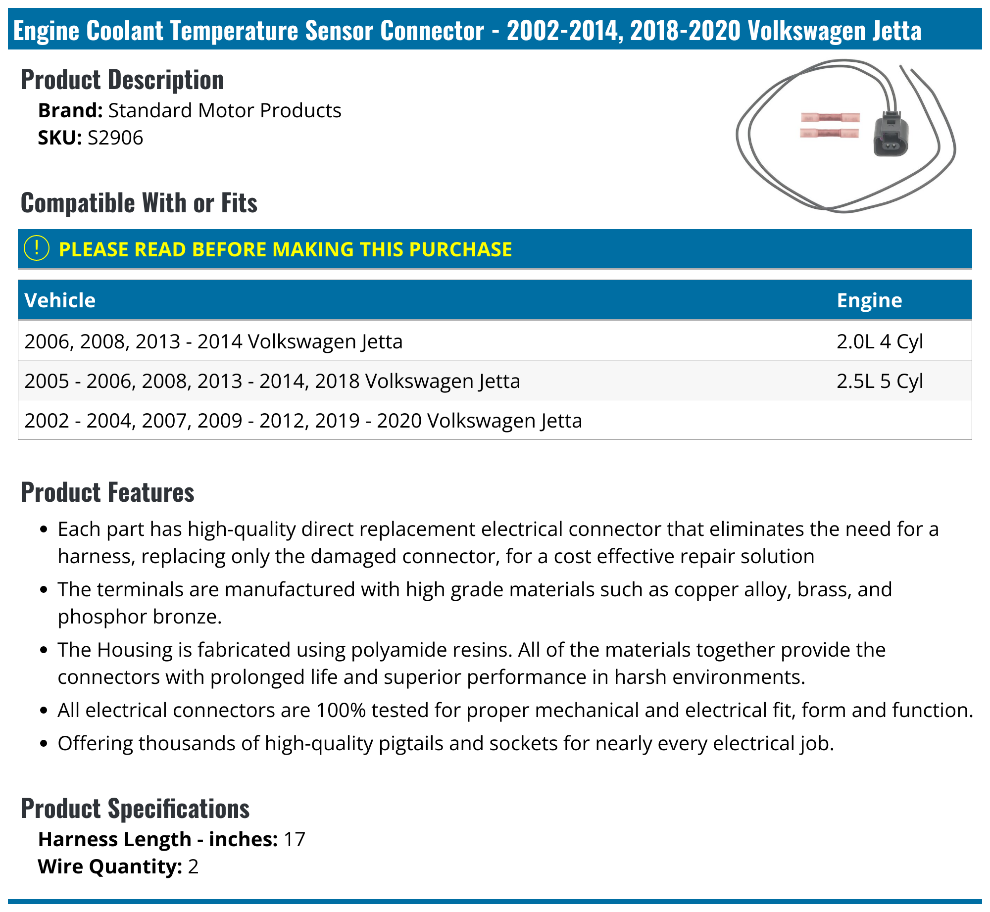 2002-2016, 2018-2020 Volkswagen Jetta Engine Coolant Temperature Sensor ...