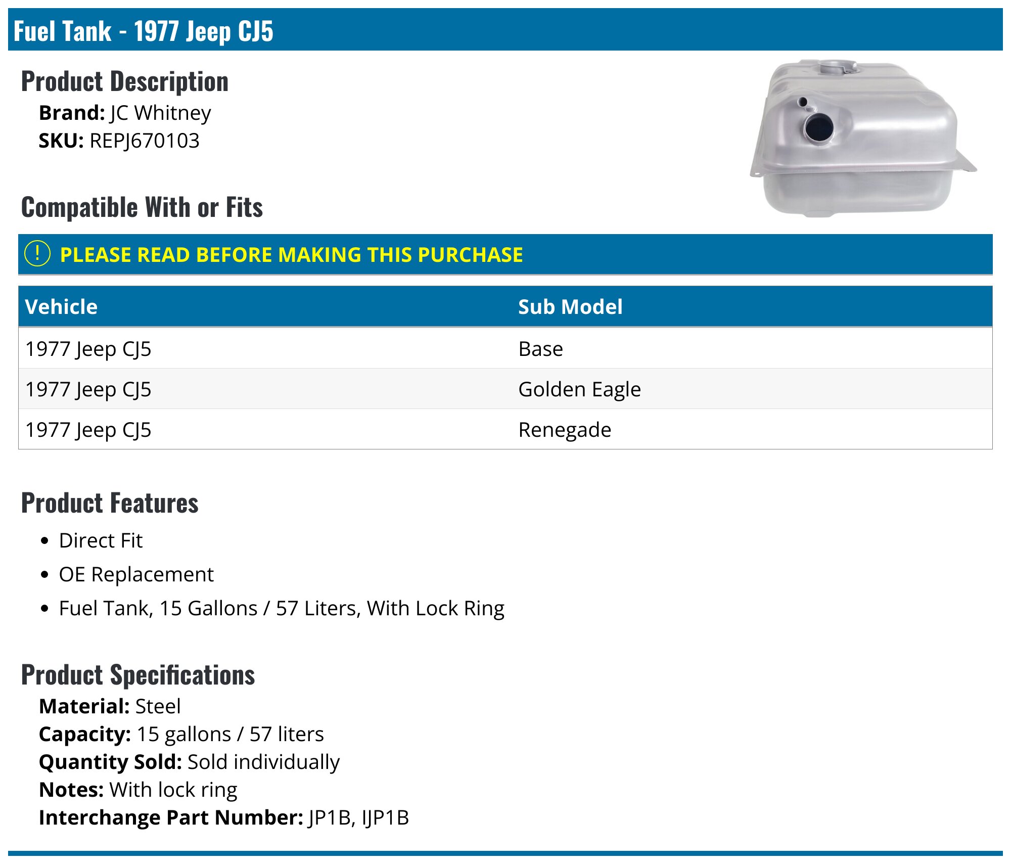 1977 Jeep CJ5 Fuel Tank - JC Whitney REPJ670103 - PartsGeek.com