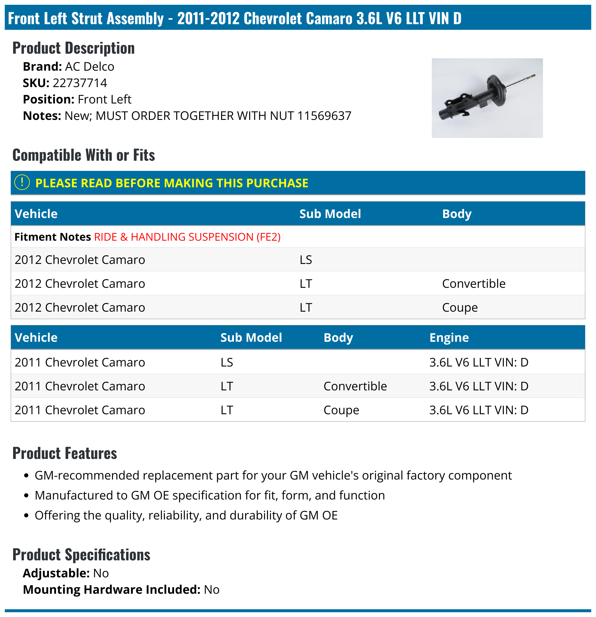 2011-2012 Chevrolet Camaro Strut Assembly - AC Delco 22737714 - Front ...