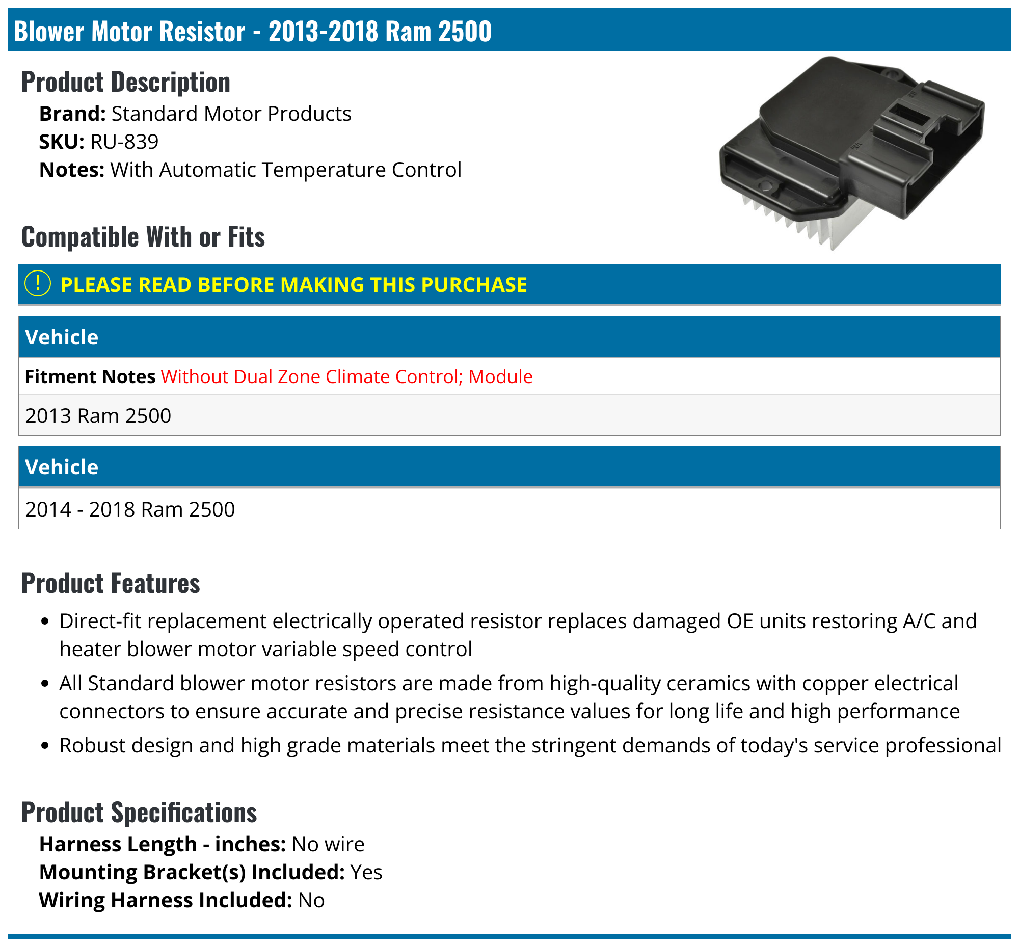 2013-2018 Ram 2500 Blower Motor Resistor - Standard Motor Products RU ...