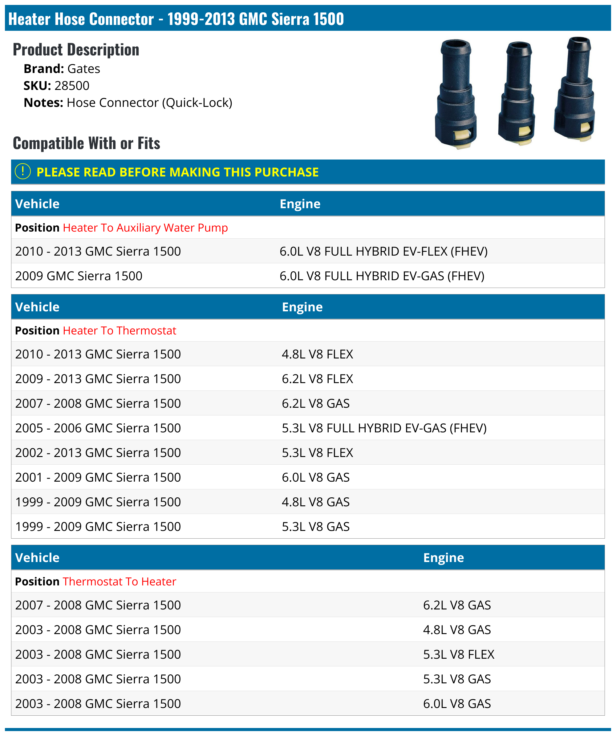 1999-2013 GMC Sierra 1500 Heater Hose Connector - Gates 28500 - Heater ...