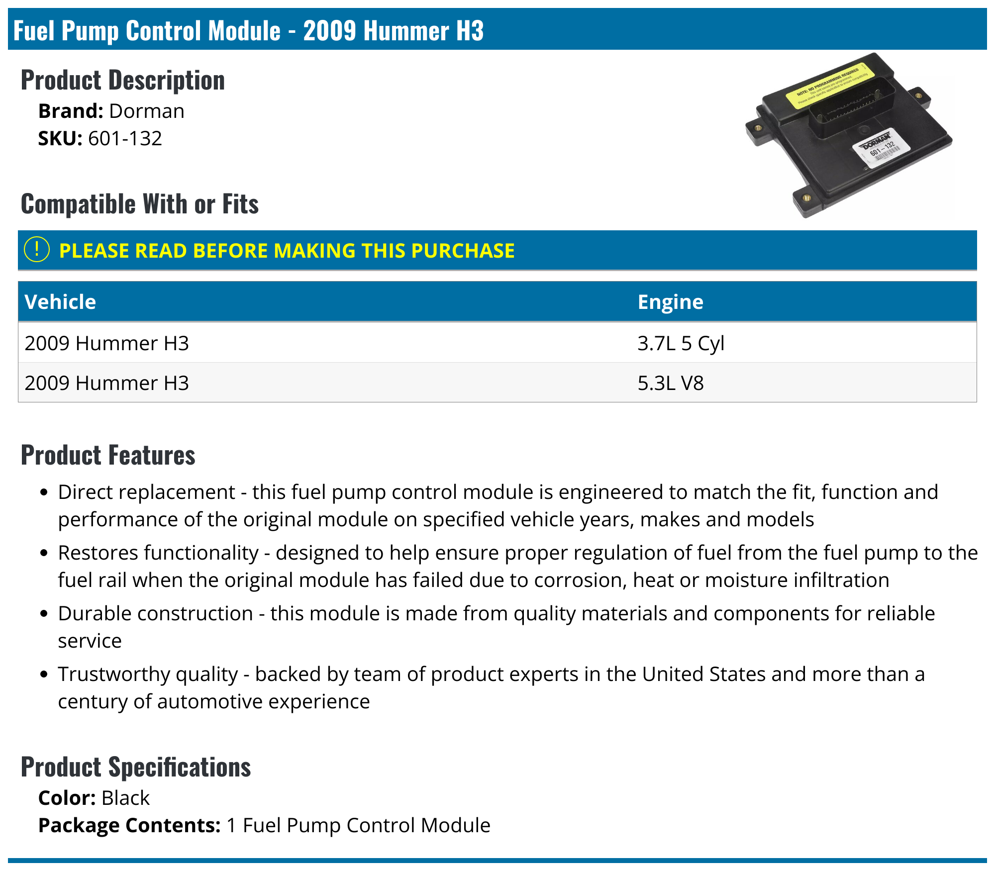 2009 Hummer H3 Fuel Pump Control Module - Dorman 601-132 - PartsGeek.com