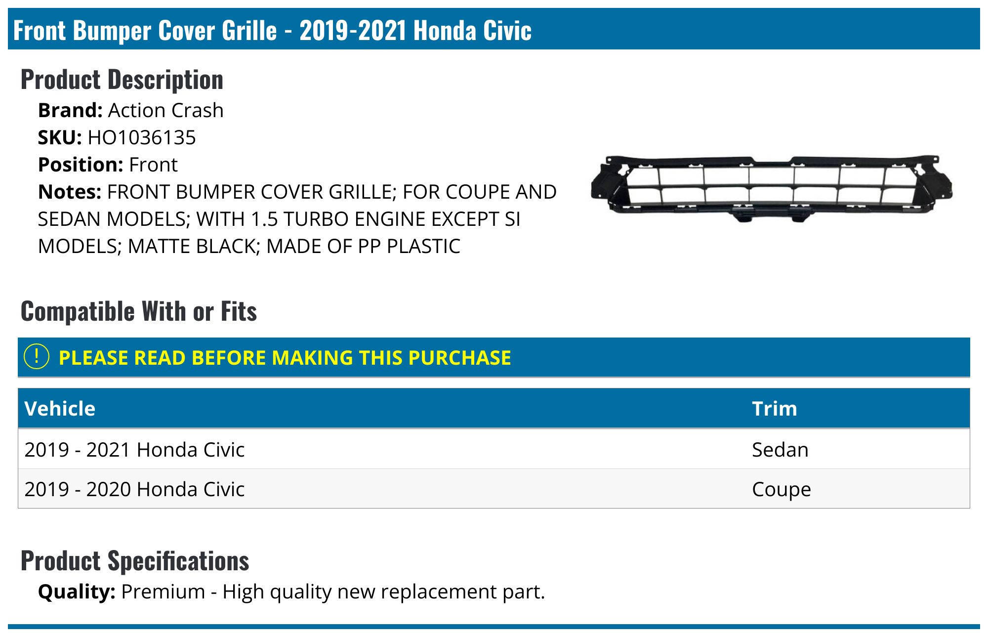 2019-2021 Honda Civic Bumper Cover Grille - Action Crash HO1036135 ...